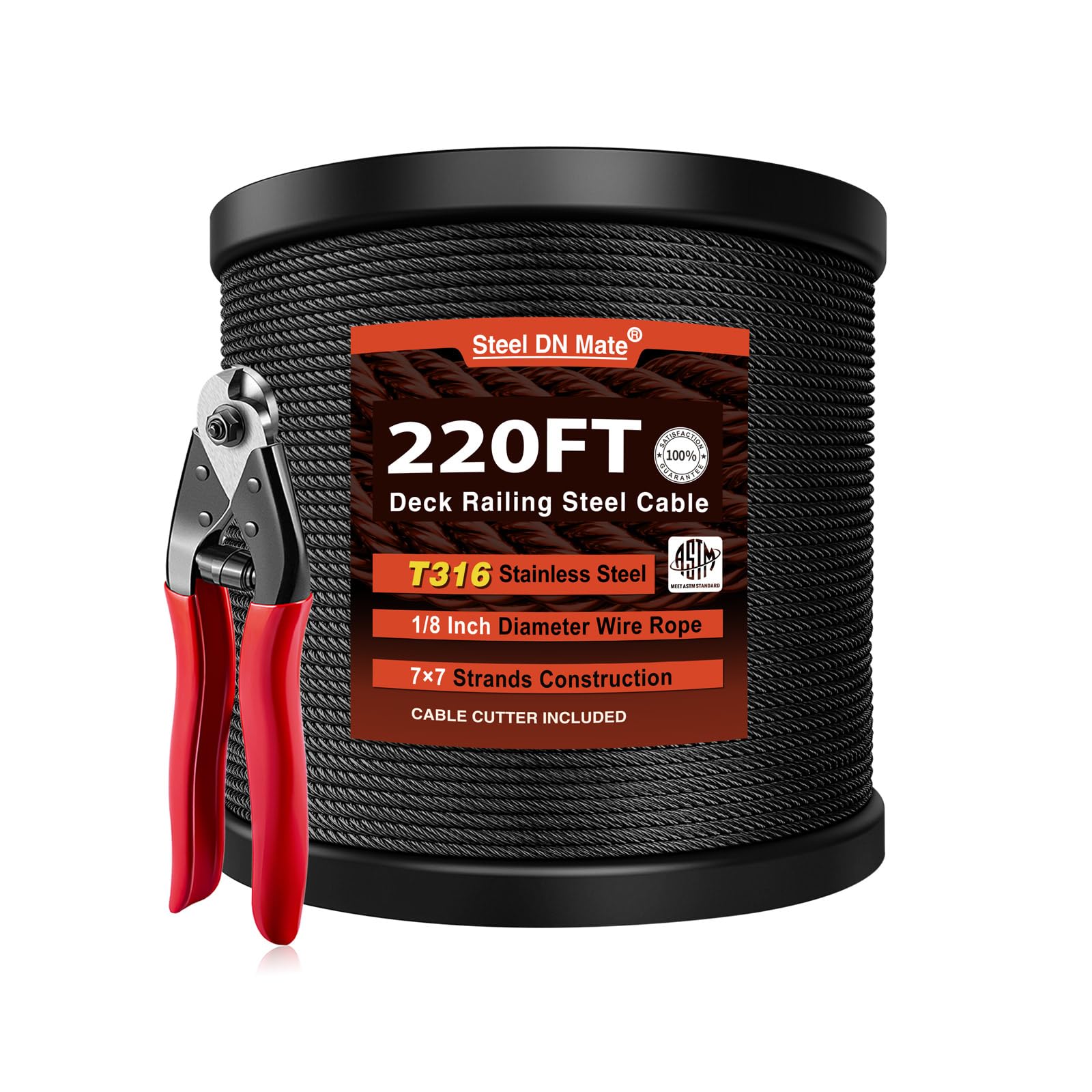 Steel DN Mate 220ft Black Wire Rope 1/8" T316L Marine Grade Stainless ...
