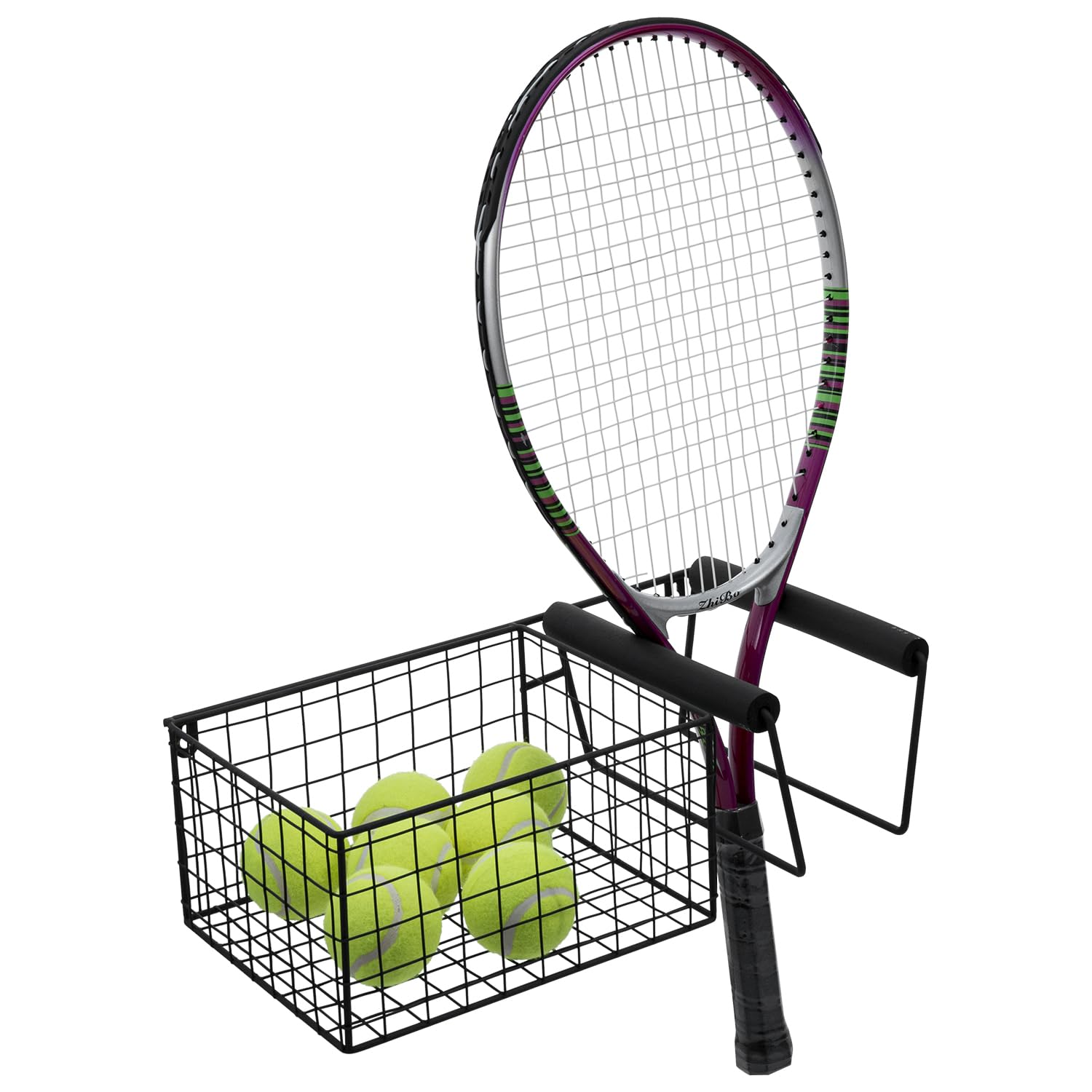 MyGift Hanging Metal Tennis Racquet and Tennis Ball Storage Basket Rack ...
