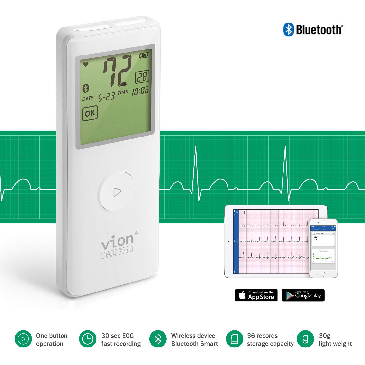 VION 880E Portable Bluetooth ECG Monitor Wireless Personal EKG, Works ...