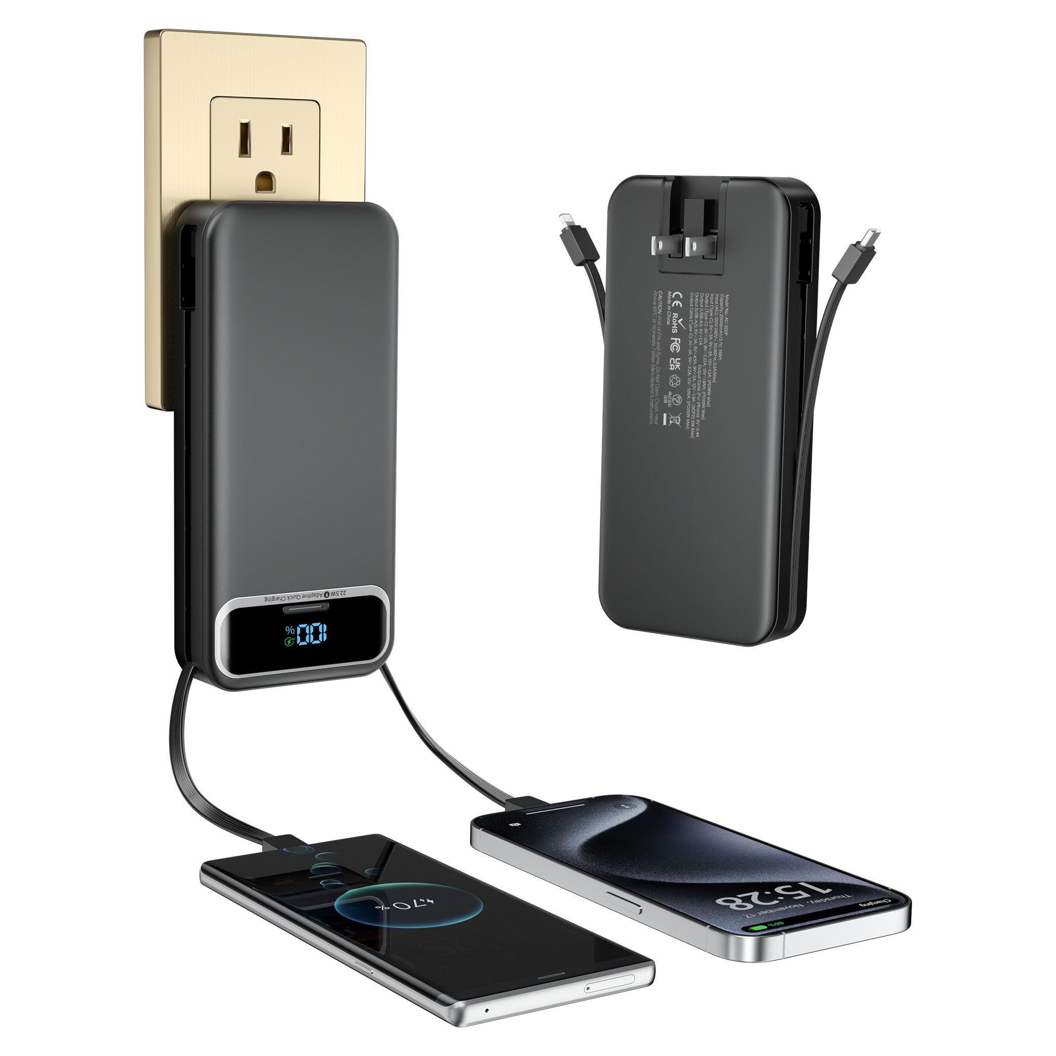 Portable-Charger Power-Bank with Built-in Cables & AC Wall Plug ...
