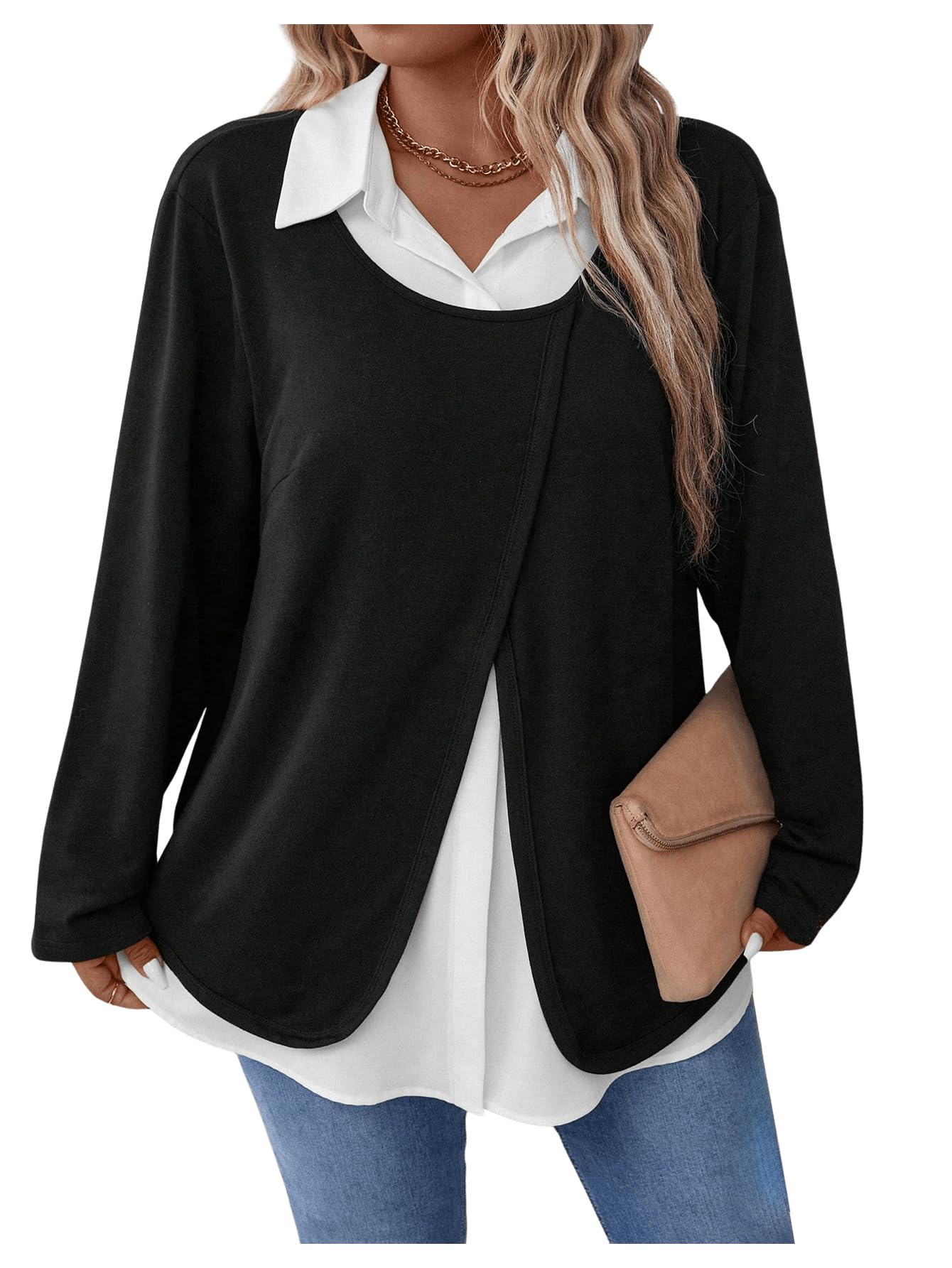 RoseSeek Women's Plus Size Color Block Fake Two Piece Blouses Wrap ...