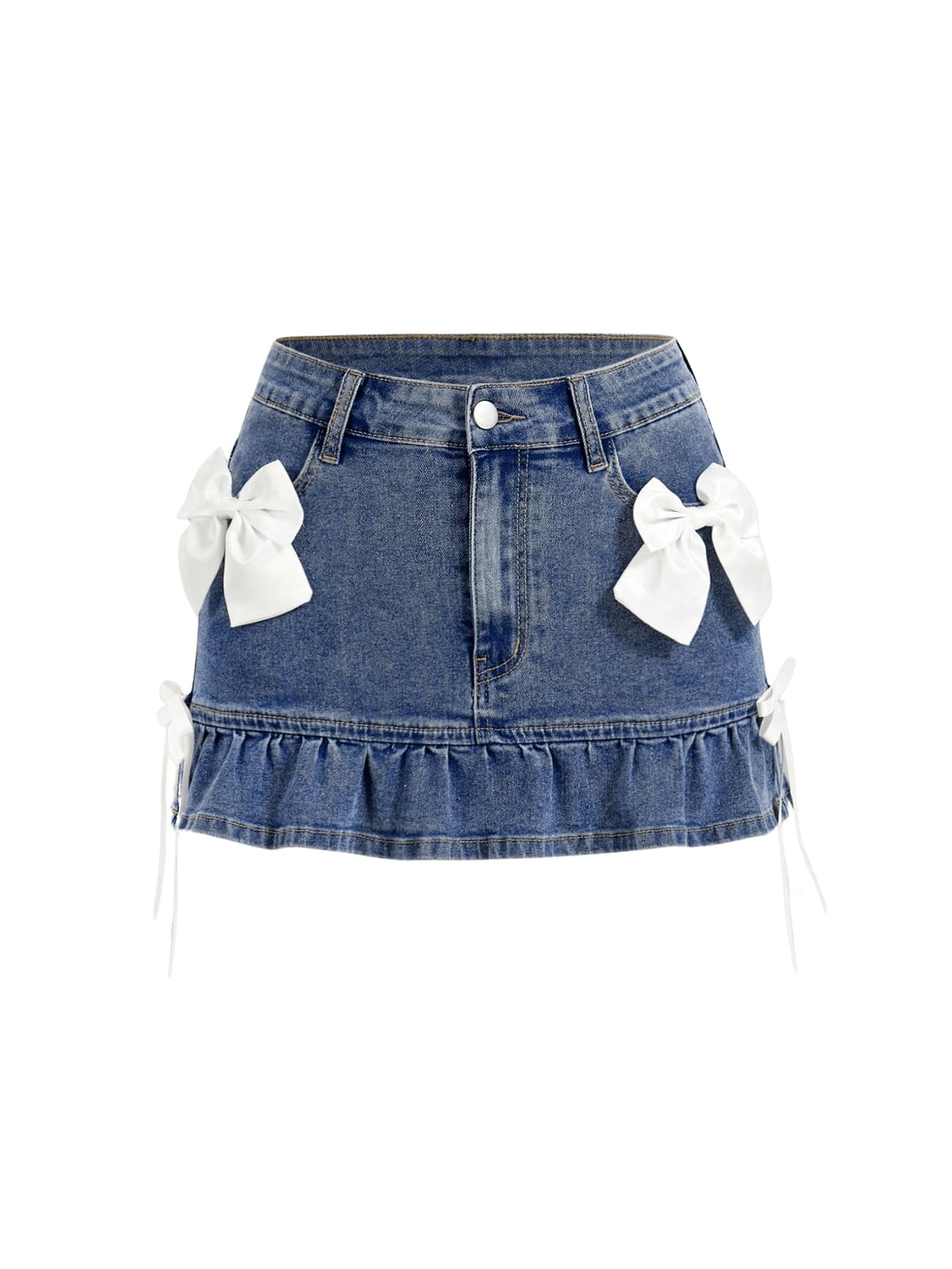 SHENHE Women's Bow Jeans Skirt Ruffle Hem A Line Denim Mini Casual ...