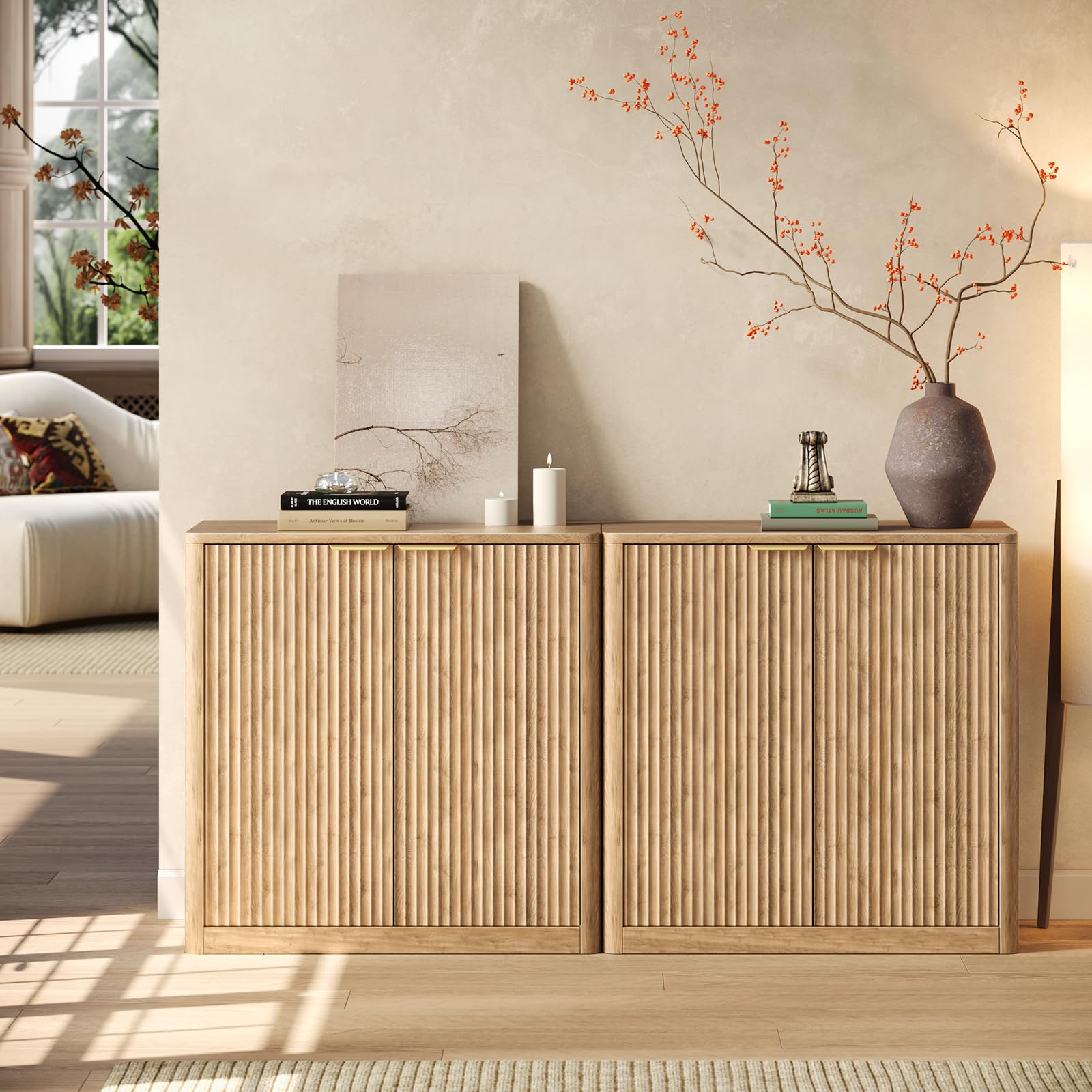 Hootata 63" Oak Buffet Cabinet with Storage, Large Fluted Sideboard ...