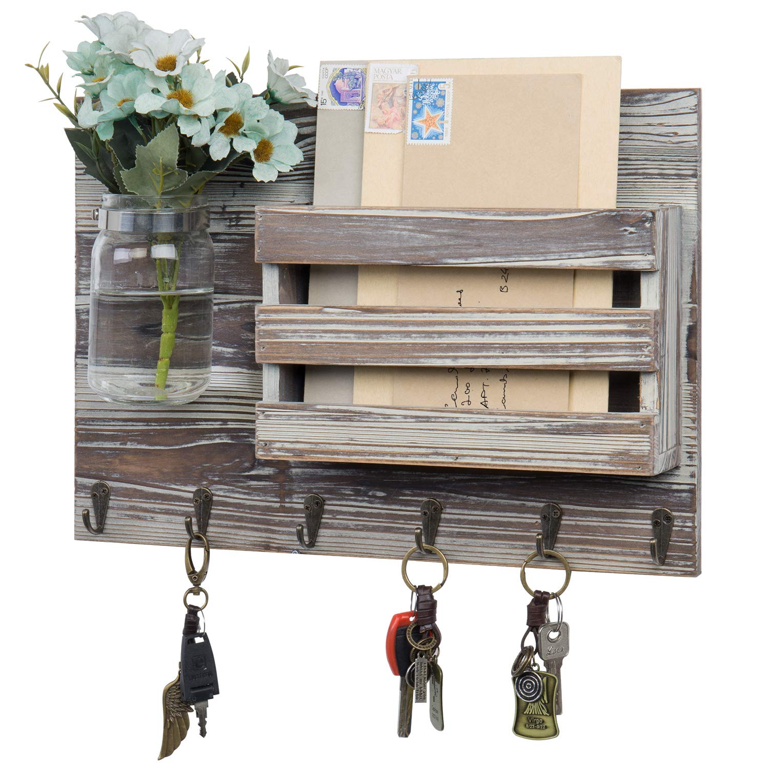 MyGift 6 Hook Wall Mounted Entryway Key Hanger and Mail Holder Basket ...