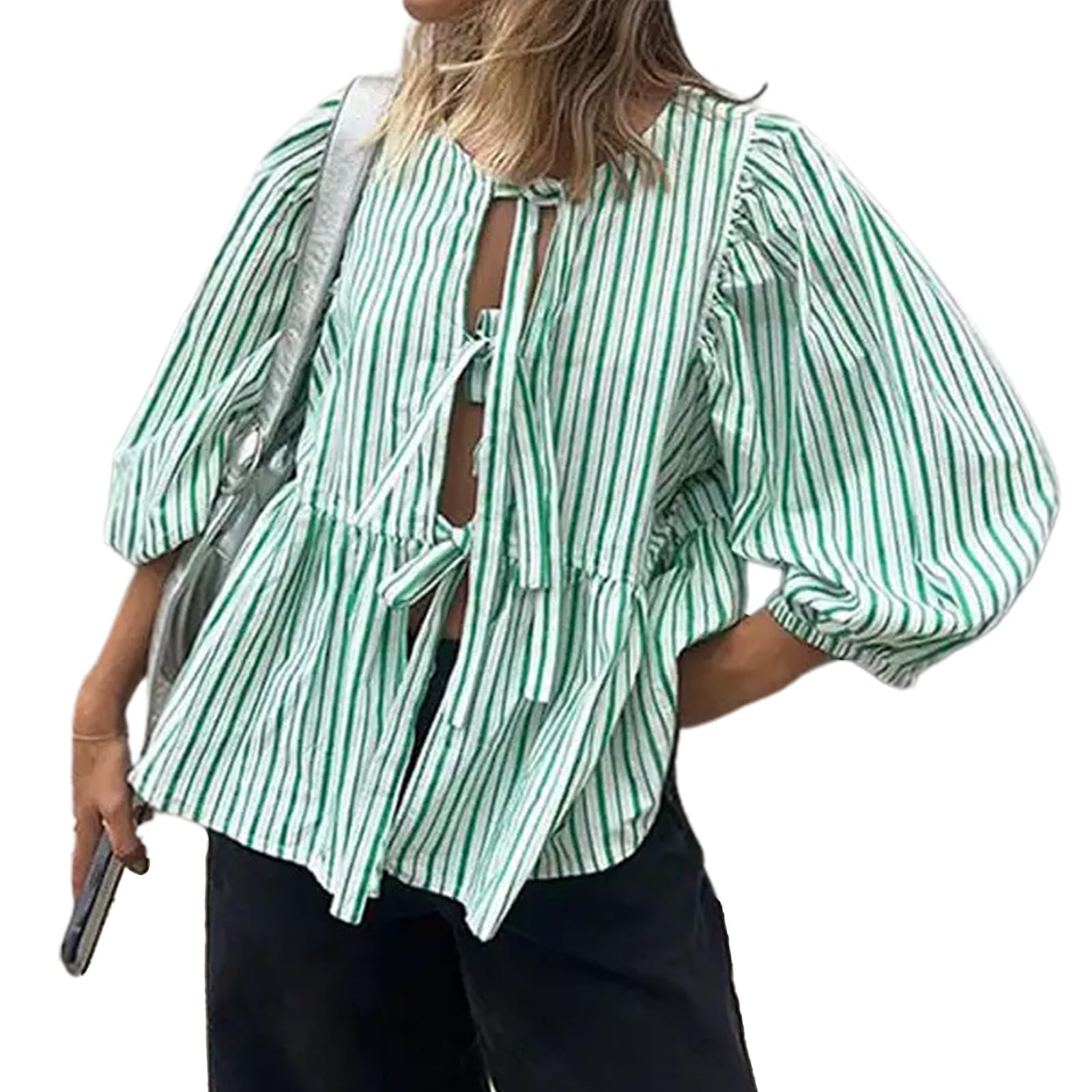 Tie Front Tops Women Y2k Leopard Print Peplum Babydoll Top 3/4 Length Puff Sleeve Coquette Tops ...