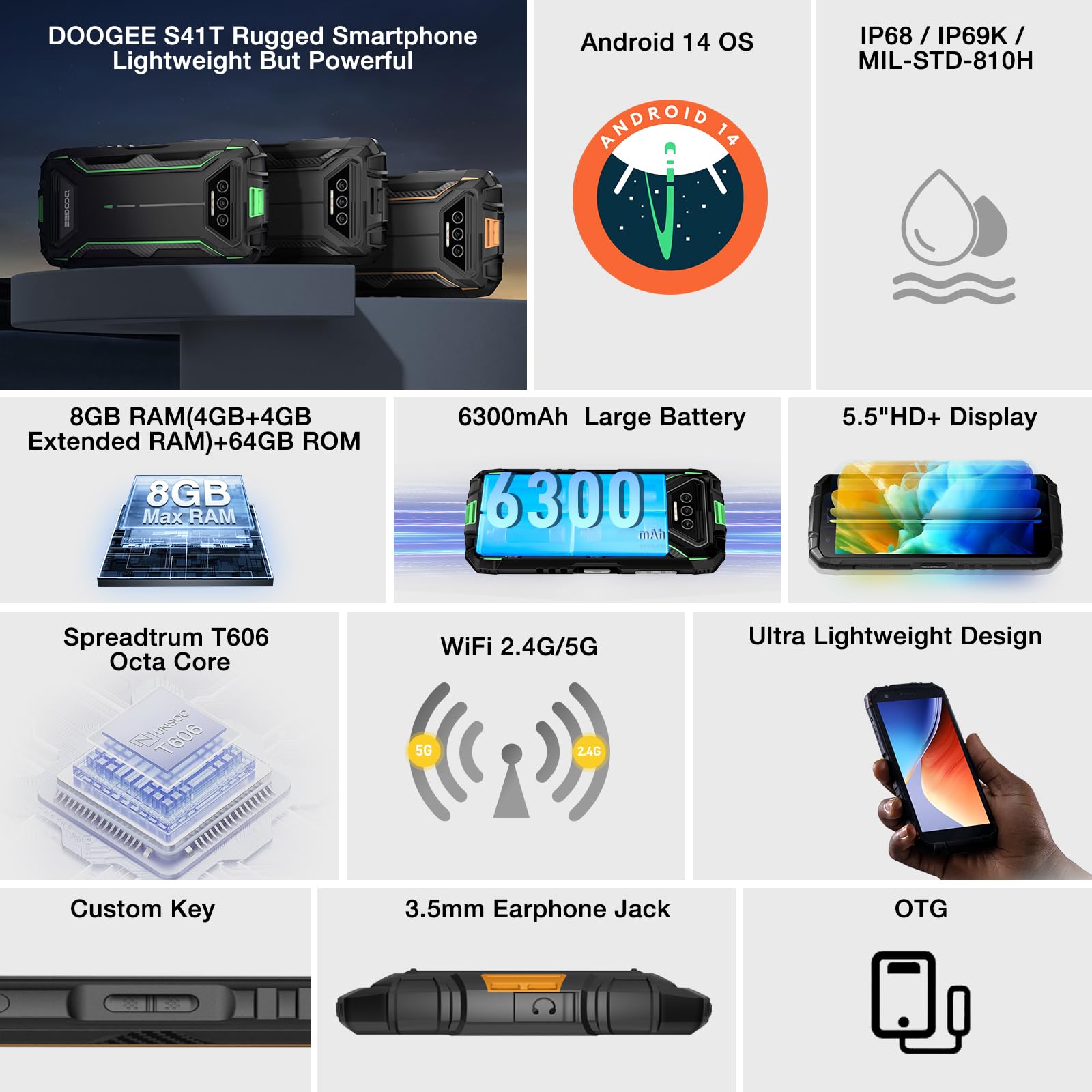 Mua DOOGEE S41T Rugged Phone Unlocked 2025,Android 14 6300mAh Battery ...