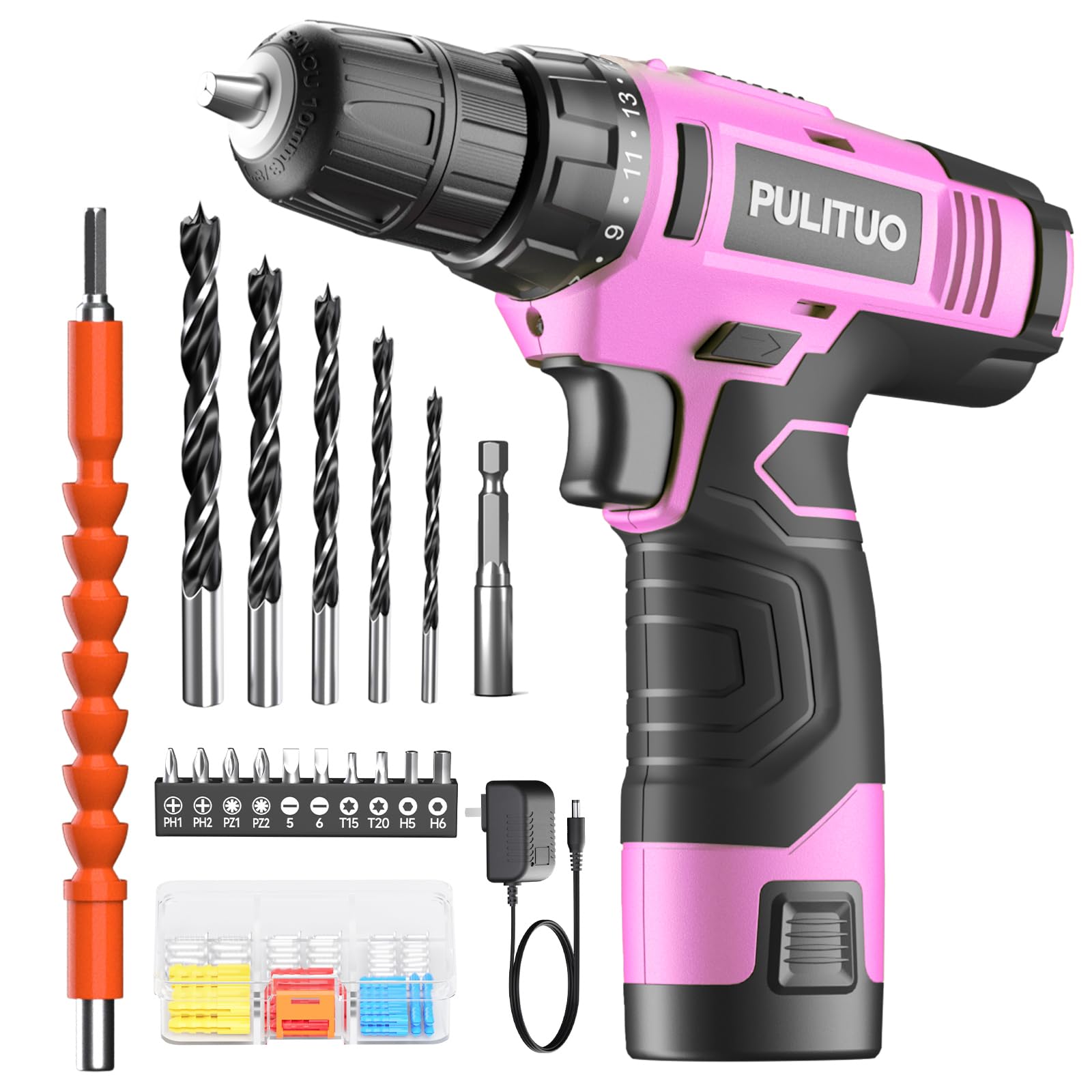 PULITUO 12V Pink Cordless Drill Set Power Drill Kit with Battery and ...
