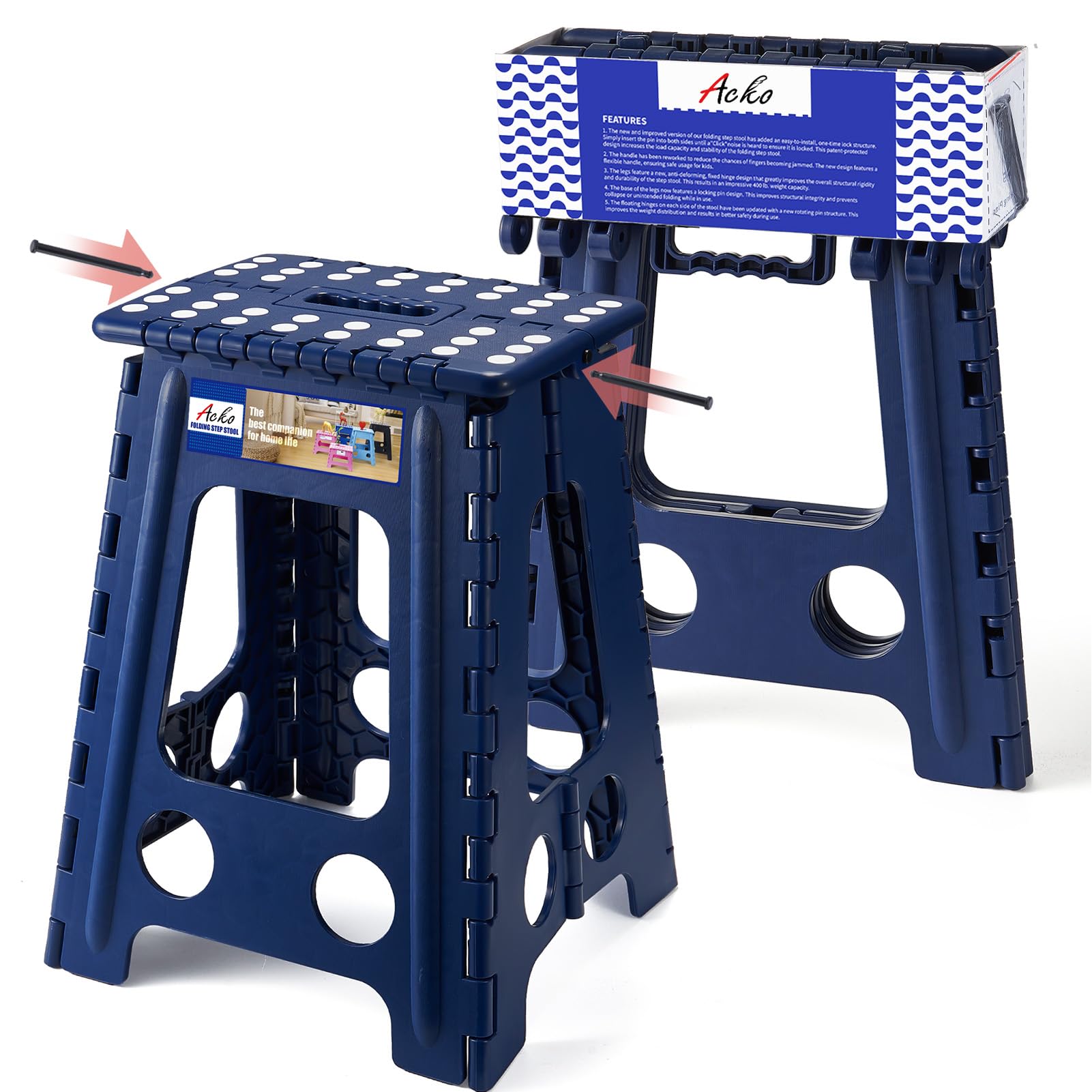 ACKO Folding Step Stool Foldable 17.5 Inch Stool 400 lbs Capacity ...