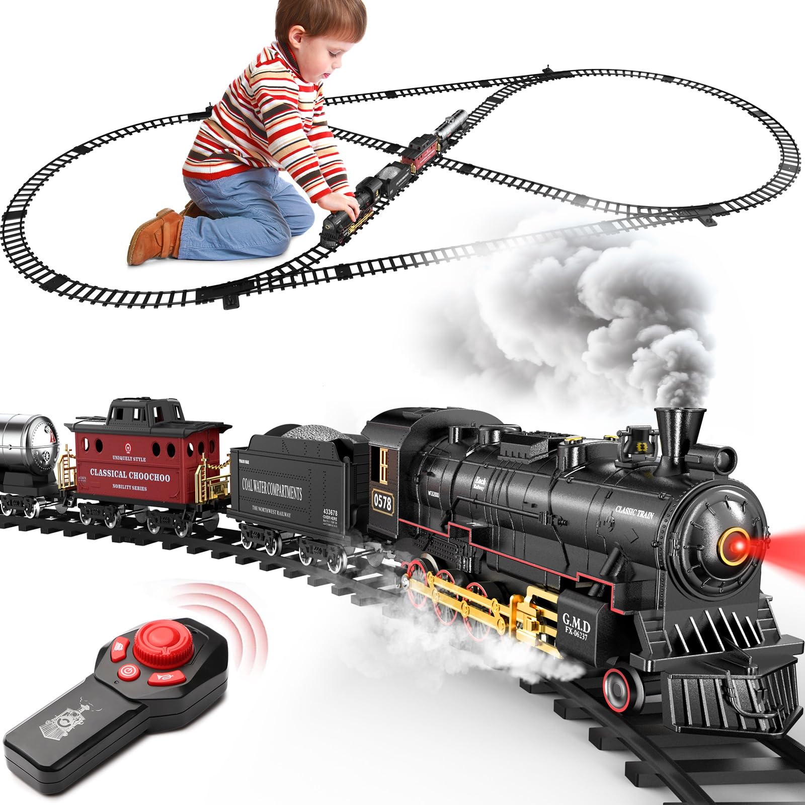 Hot Bee Train Set for Boys, Alloy Remote Control Train Toys with Steam ...