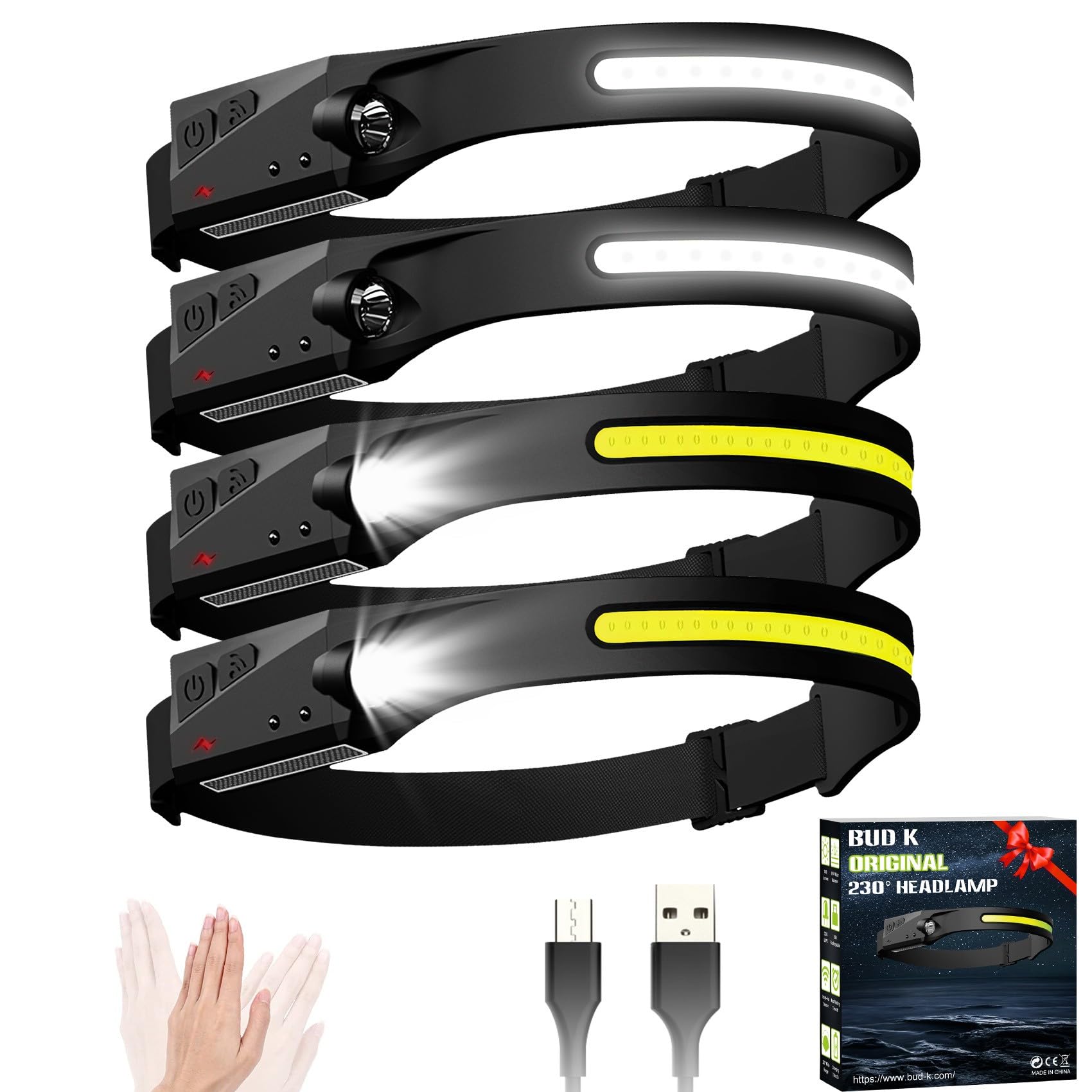 Headlamp Rechargeable 4Pack, 6 Mode Headlamps for Adults 1200Lumens LED ...