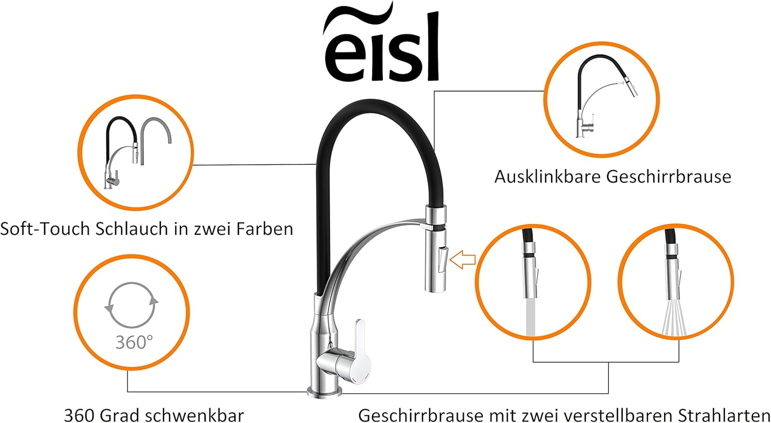 EISL NI183CARCRB CARNEO Kitchen Tap with Extendable Shower Tap for ...
