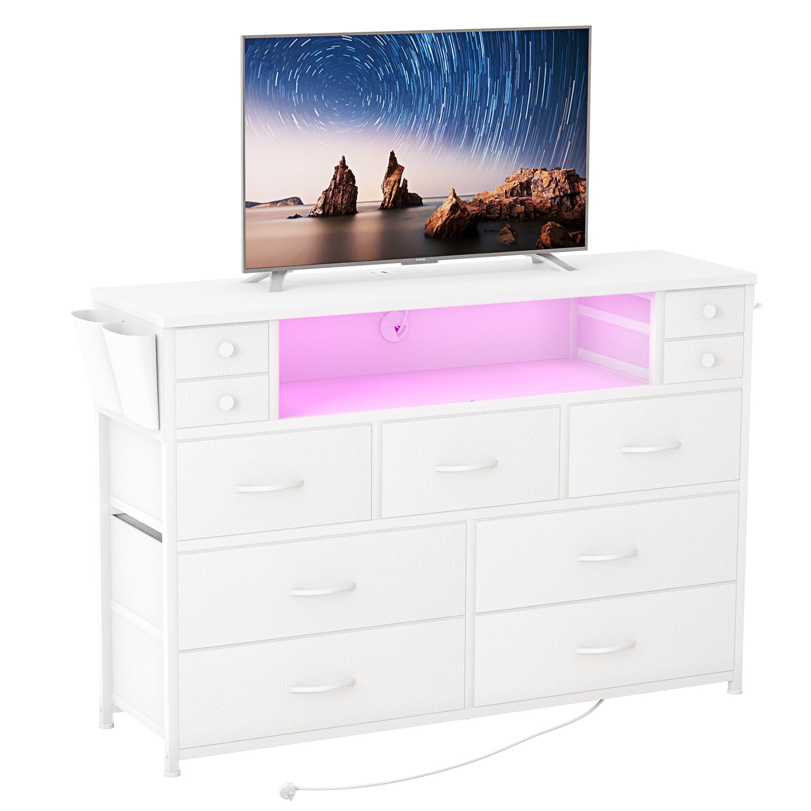 DRAWERHOM Dresser TV Stand with Power Outlets and LED Lights for 55 ...