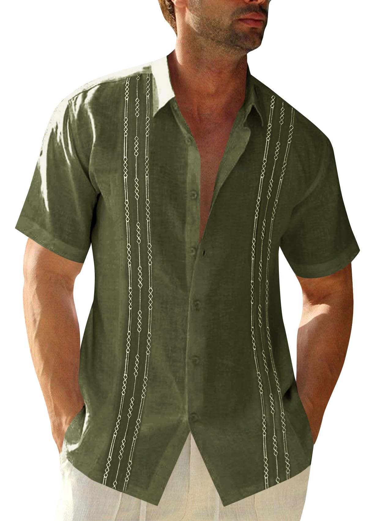 Mens Short Sleeve Guayabera Shirts Linen Cotton Button Down Mexican Embroidered Cuban Wedding ...
