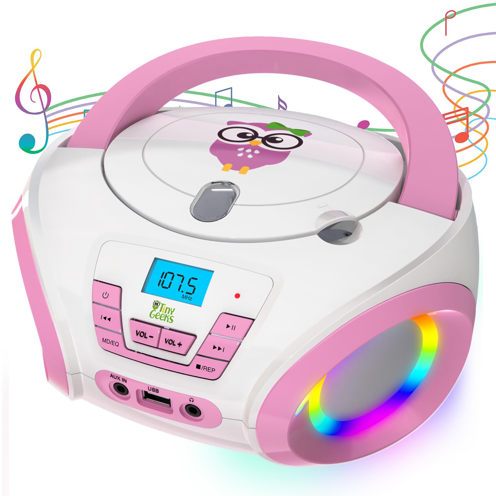 TinyGeeks Tunes Kids Boombox CD Player for Children + FM Radio + Includes Batteries + Pink Radio ...