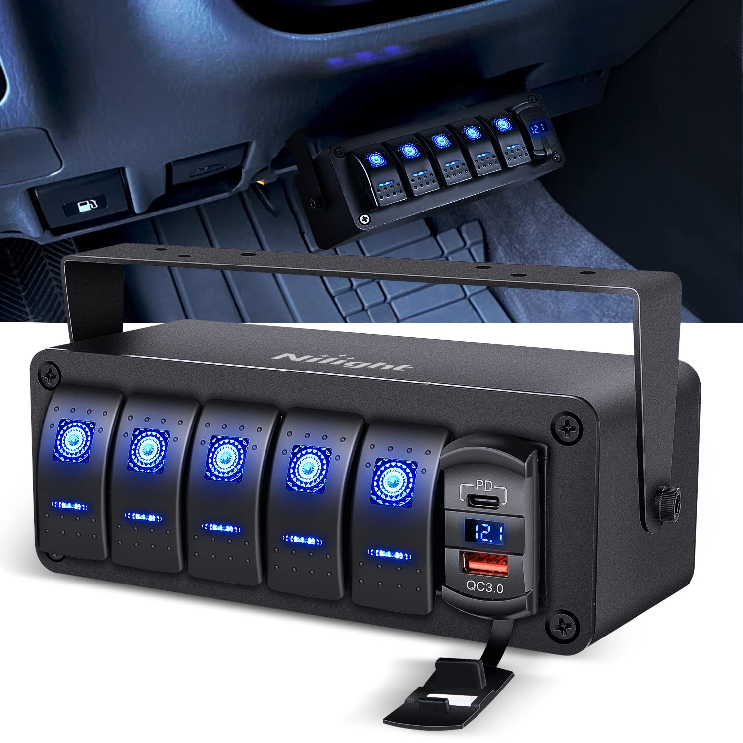 Nilight 5 Gang Rocker Switch Box 12V SPST ON Off Switches PD Type C and ...