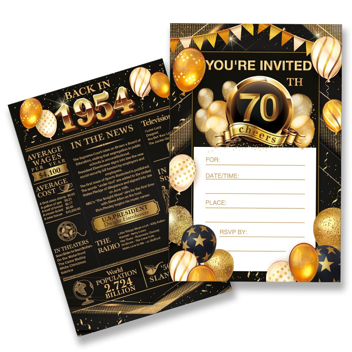 EUDOSI 70th Birthday Party Invitations - Back in 1954 Invites Black and ...
