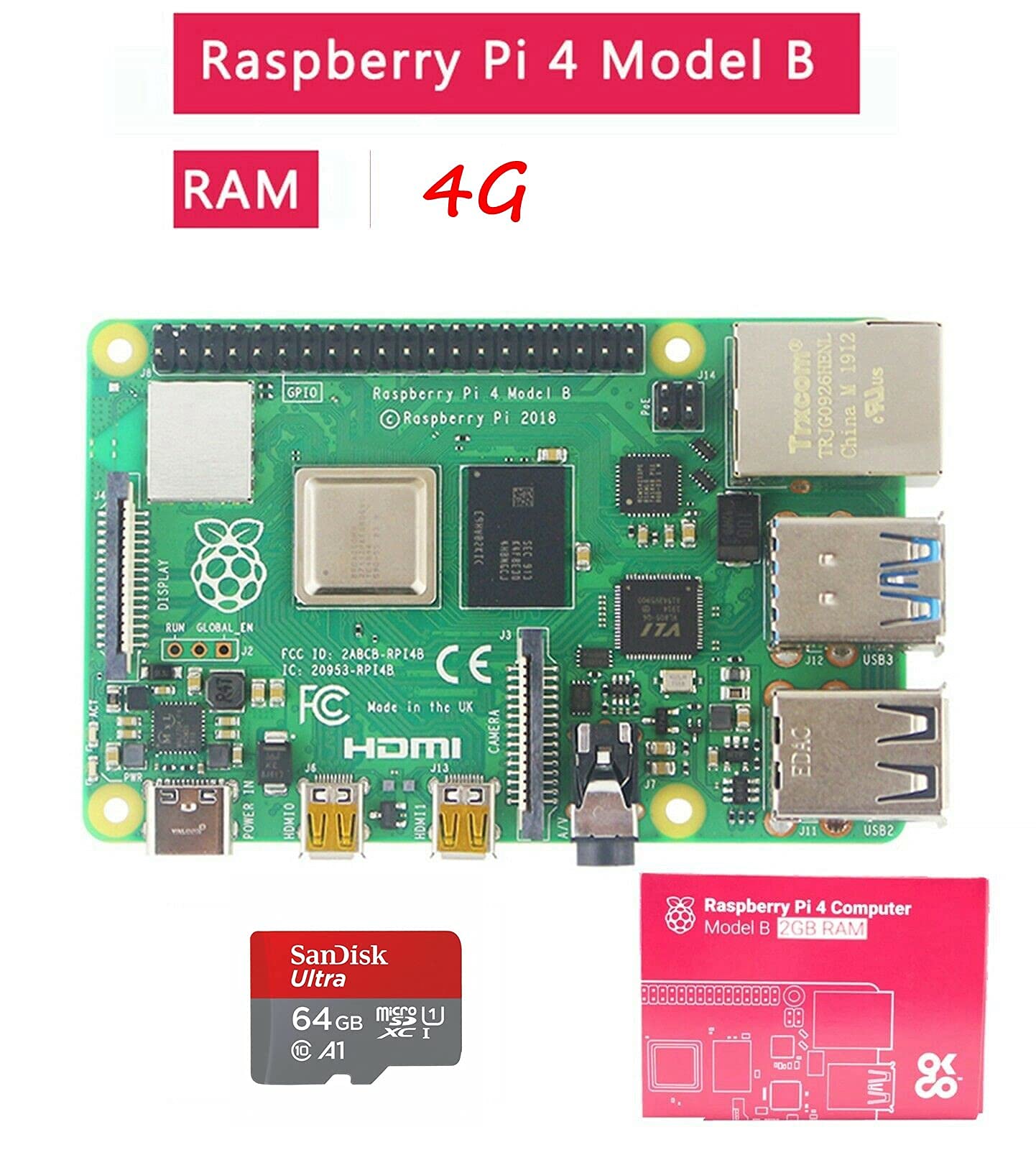 DIGISHUO Raspberry Pi 4B Model B 4GB RAM DIY Kit | With Case | Pi Cooling Fan | San Disk 64G SD ...