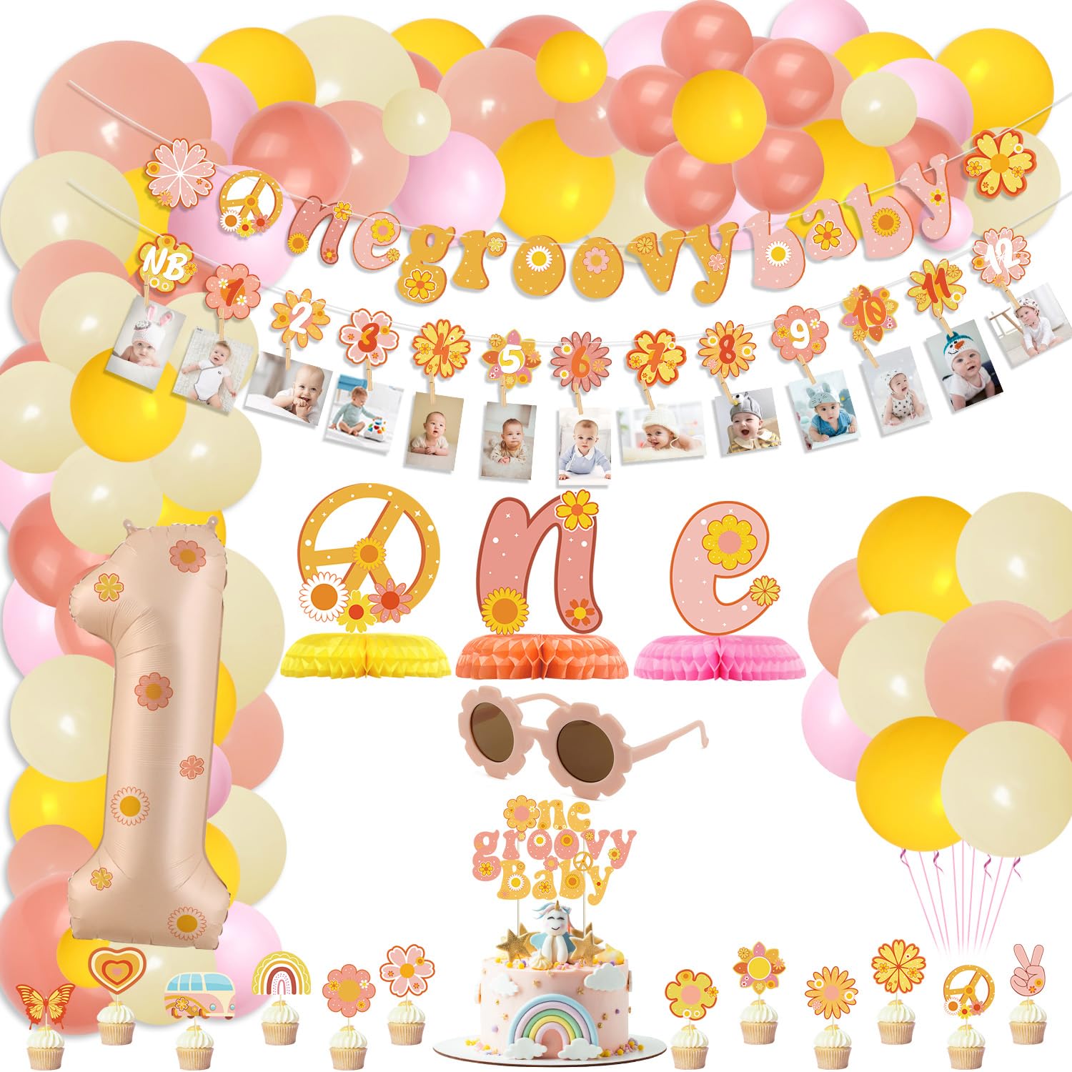 Hippie Groovy 1st Birthday Decorations, include One Groovy Baby Banner ...