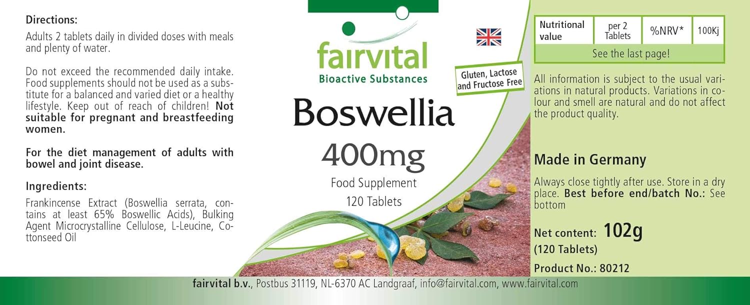 fairvital – Boswellia Frankincense 400mg – 120 Tablets – Vegan – 65% ...