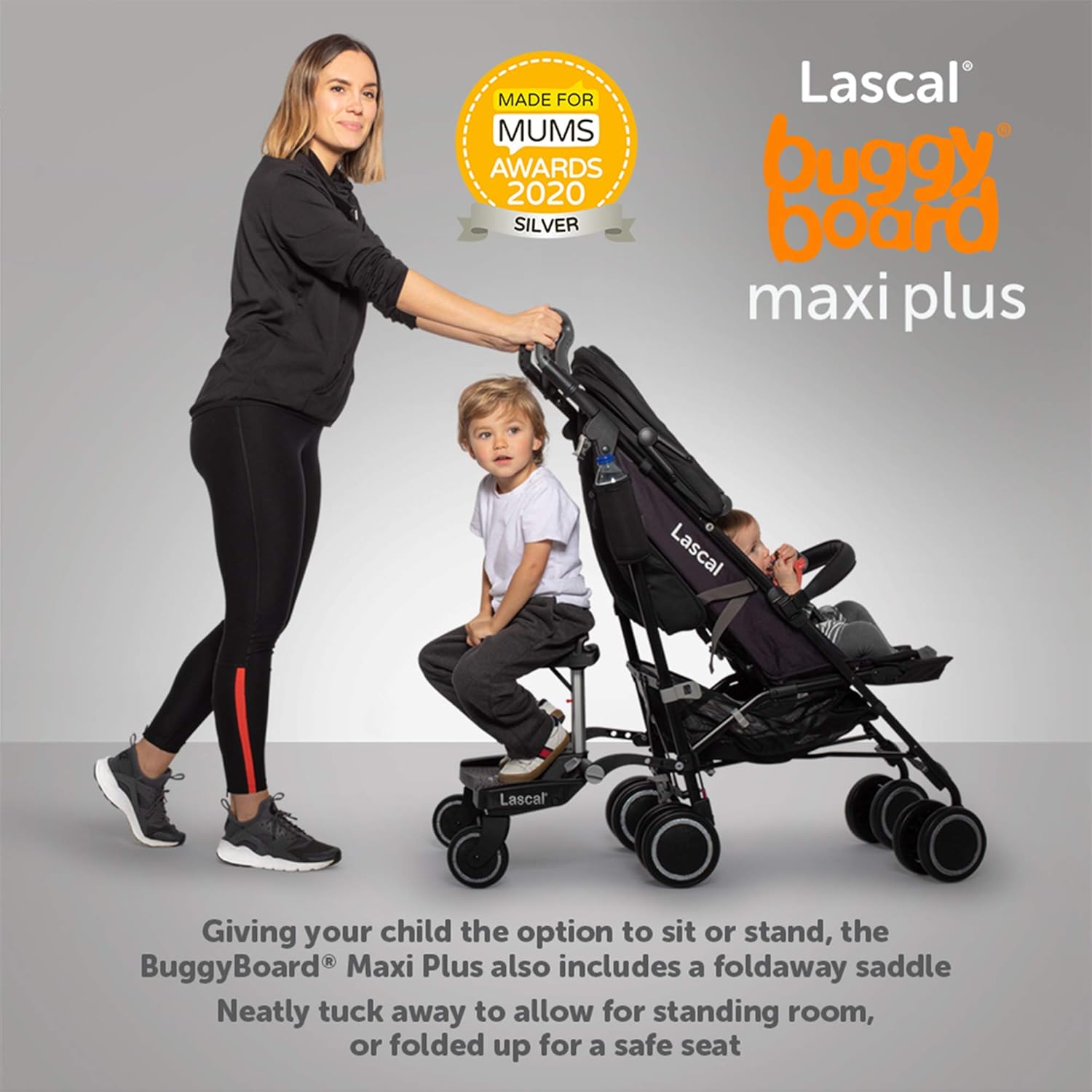 Lascal BuggyBoard Maxi+, Black Buggy Board with Grey Saddle and Standing Area for Pushchair and ...