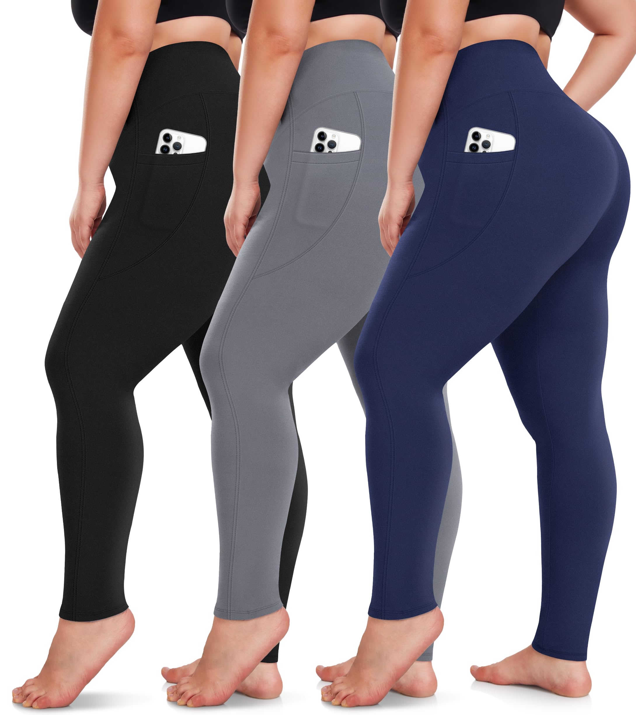 NEW YOUNG 3 Pack Plus Size Leggings with Pockets for Women,High Waist ...