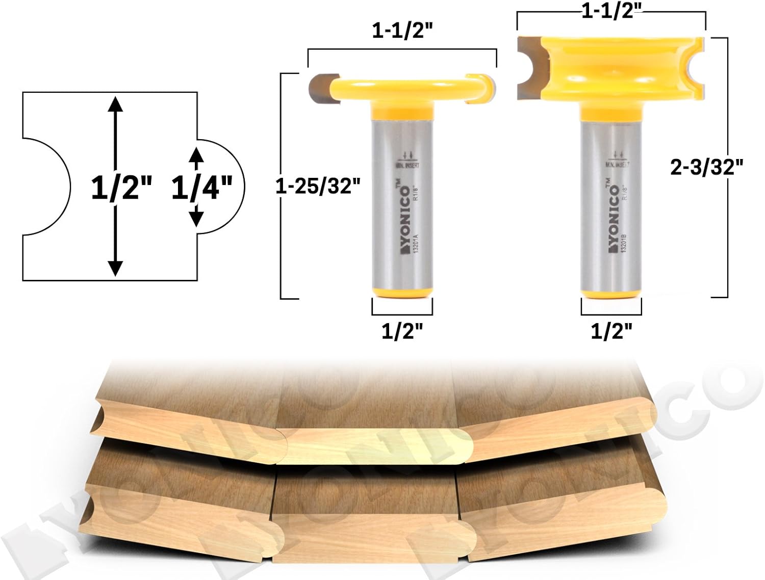 Yonico 13201 1/4-Inch Bead 2 Bit Canoe Joint Router Bit Set 1/2-Inch ...