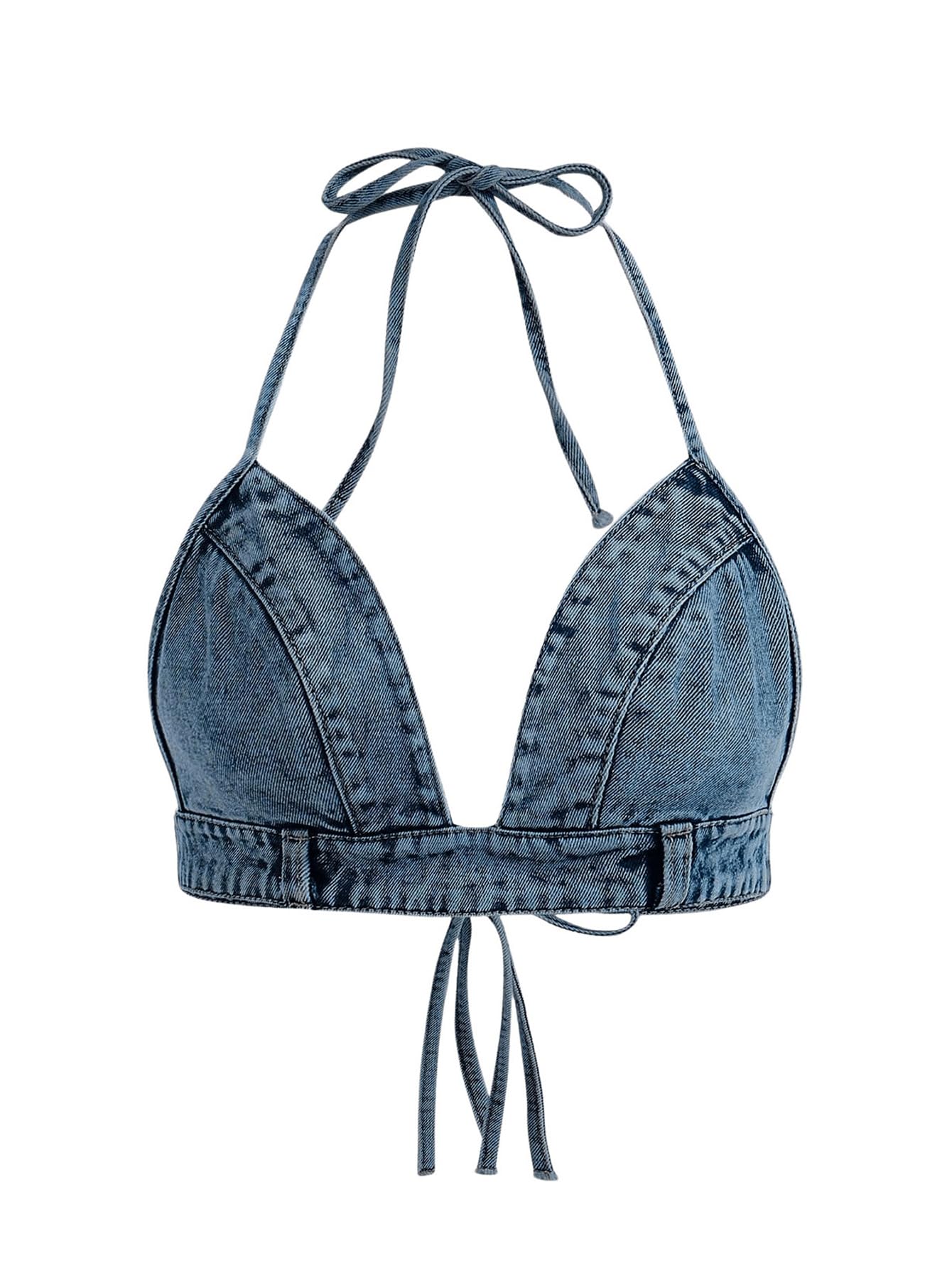 SHENHE Women's Denim Halter Top Tie Backless Triangle V Neck Sexy Jean ...