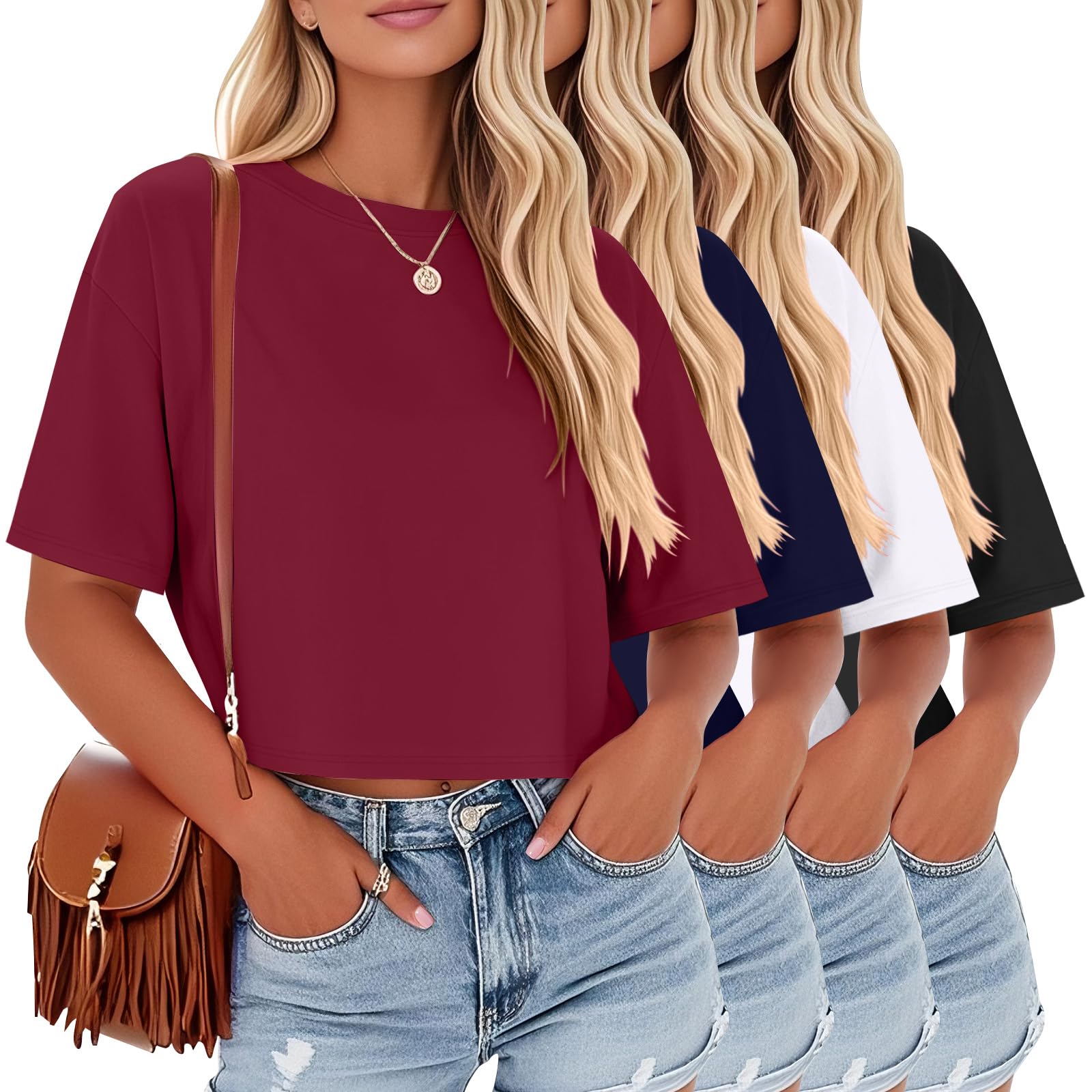 Riyiper 4 Pack Women's Half Sleeve Crop Tops Women Boxy Casual Crew ...