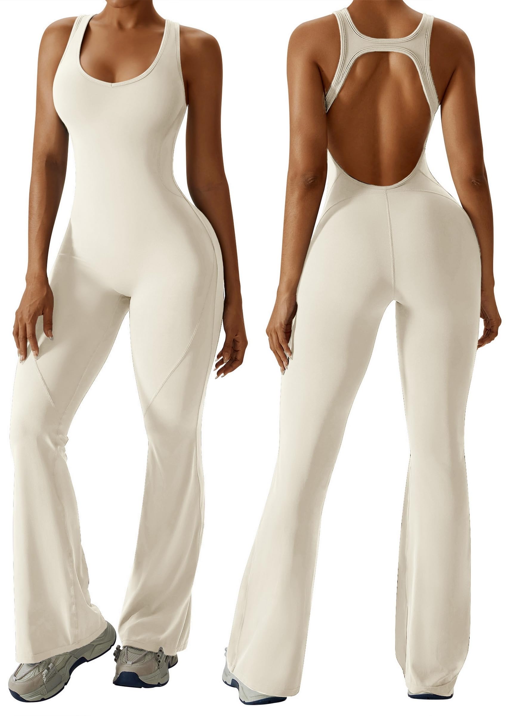 OEAK Womens Flare Jumpsuit with Bra Tummy Control Cutout Romper Workout ...
