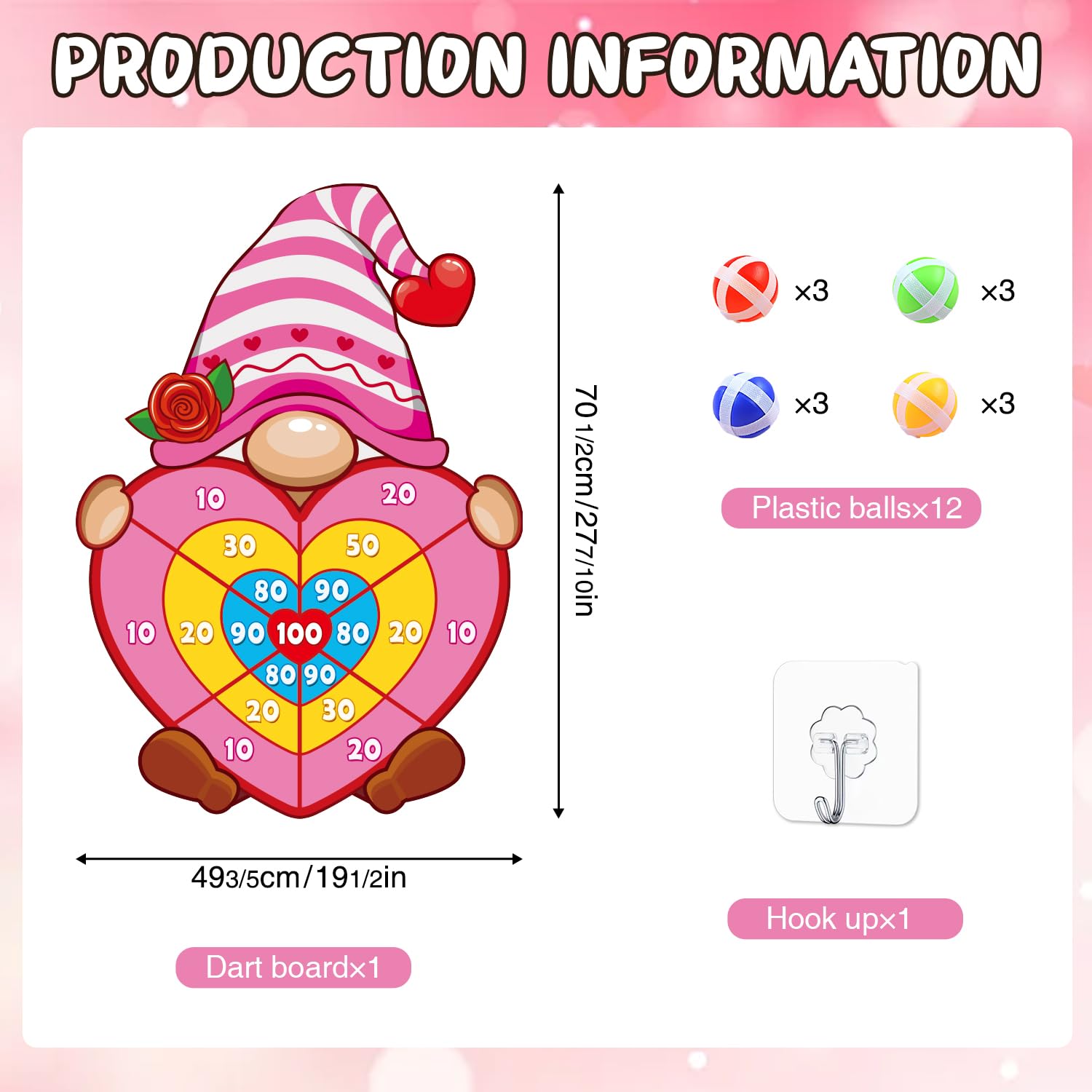 Valentine Gift For Kids, Pink Cartoon Dwarf Dart Board With 12 Sticky ...