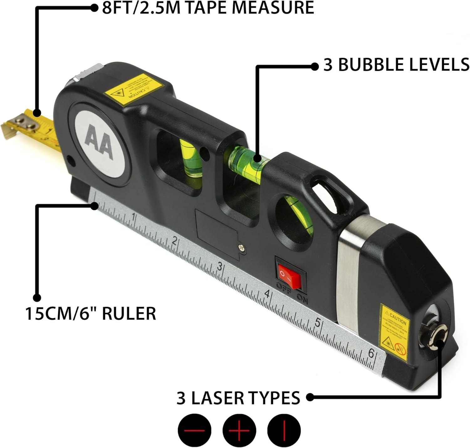 AA Spirit Level, Laser Level with Built-in Tape Measure – 2.5m/8ft ...