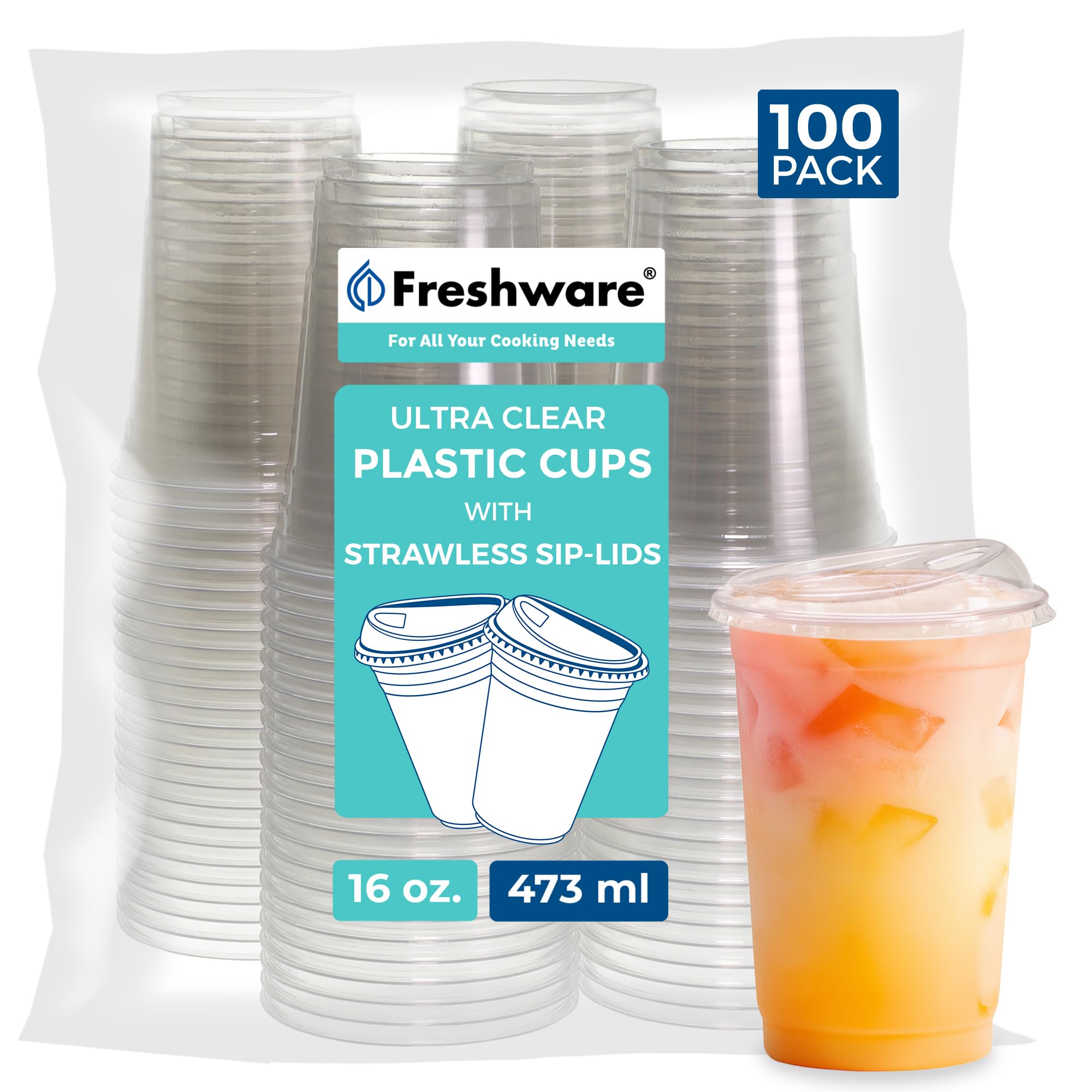 Freshware 16 oz Clear Disposable Plastic Cups with Strawless Sip Lids ...