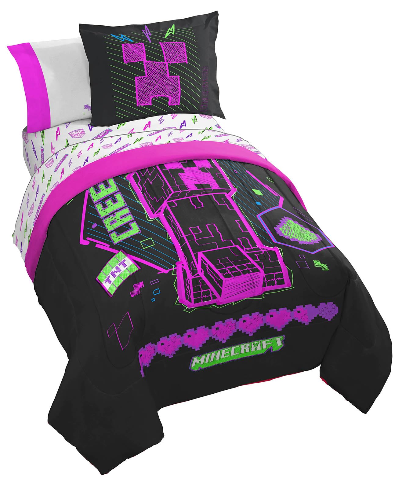Minecraft Full Size Comforter Set - 7 Piece Cyber Neon Bedding Includes ...
