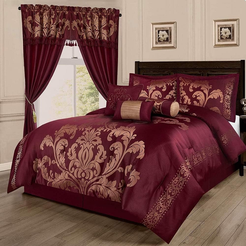 Amazon.com: 7pc Royal Jacquard Gold/Maroon Red Comforter Sets Full Size ...