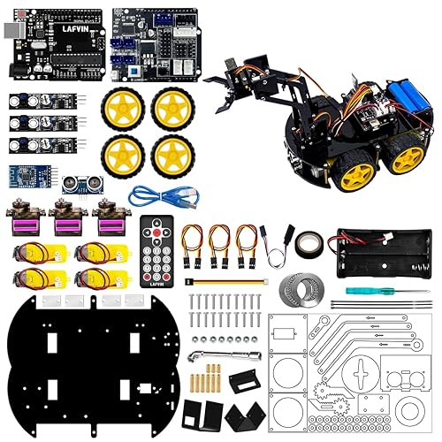 LAFVIN Mechanical 4WD Robot Arm Smart Car Kit - STEM/Graphical Programming Robot Car Compatible ...
