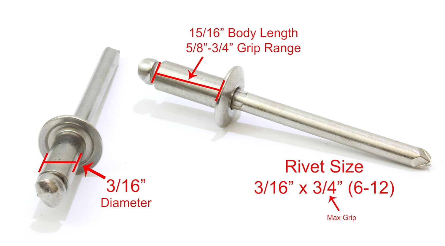 6-4 100 Pack Stainless Steel 3/16 x 1/4 Inch Rivets 0.18-0.25 Gap Blind ...