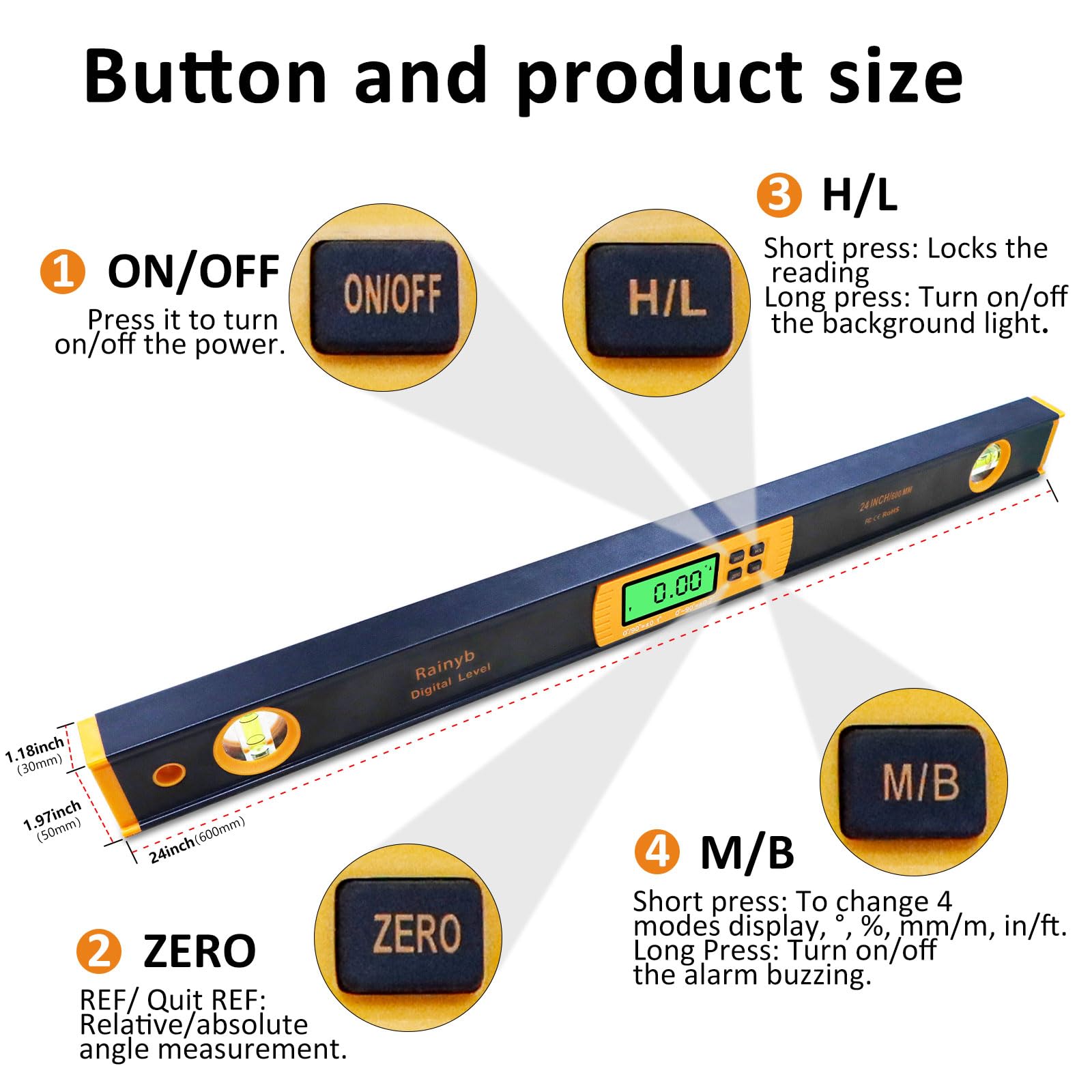 Rainyb 24 Inch Digital Torpedo Level Protractor Bright LCD Display IP54 ...