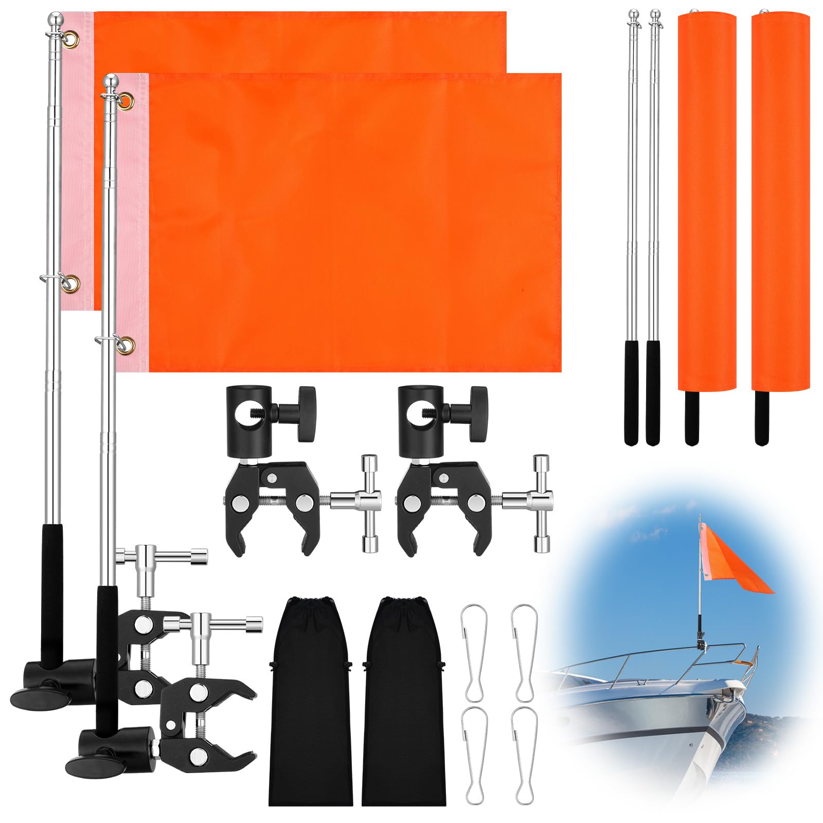 VitalCozy 2 Set Orange Boat Flags 47 Inches Water Ski Kayak Flag 12” x ...