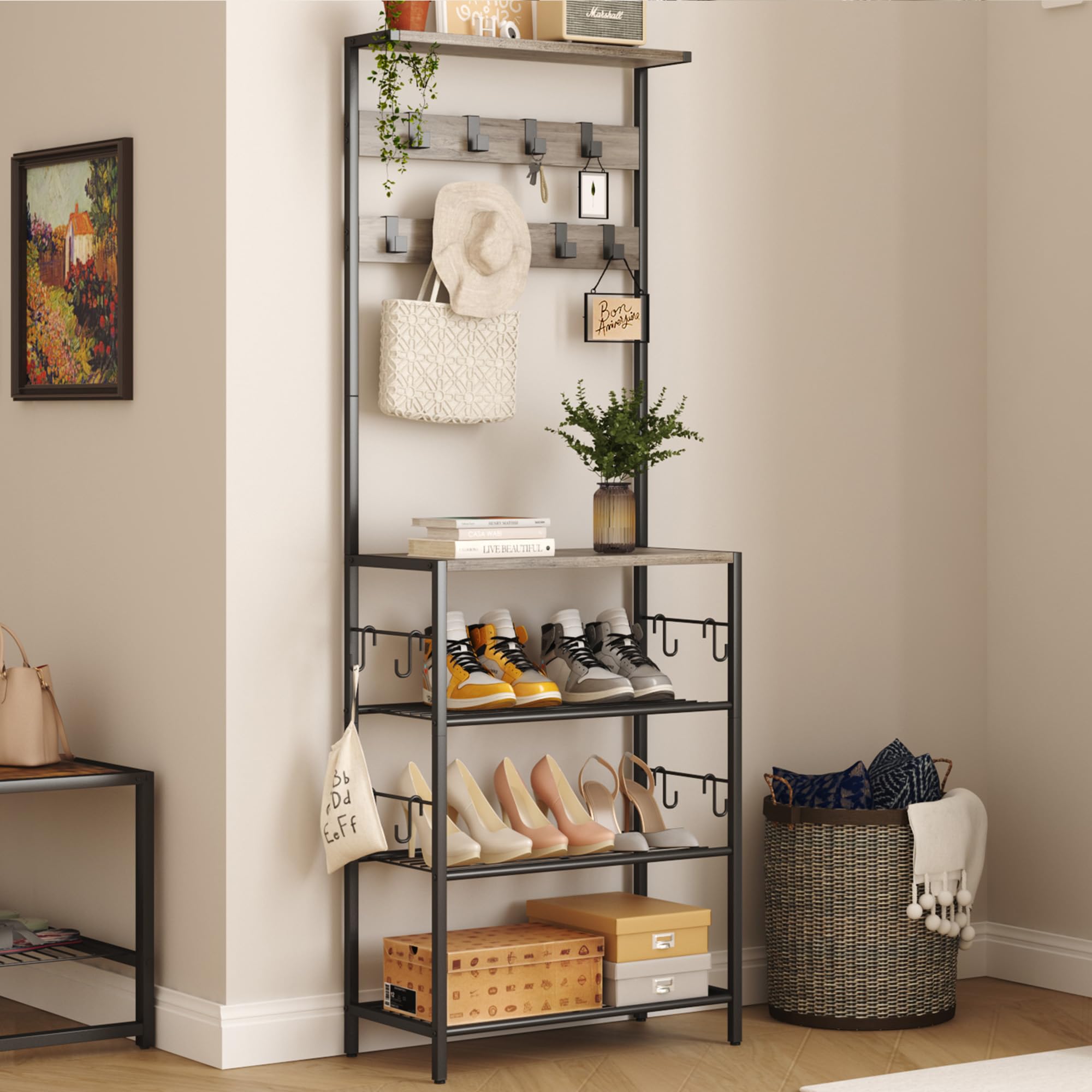 HOMEFORT Coat Rack with Shoe Storage, 5-Tier Shoe and Coat Rack with 9 ...