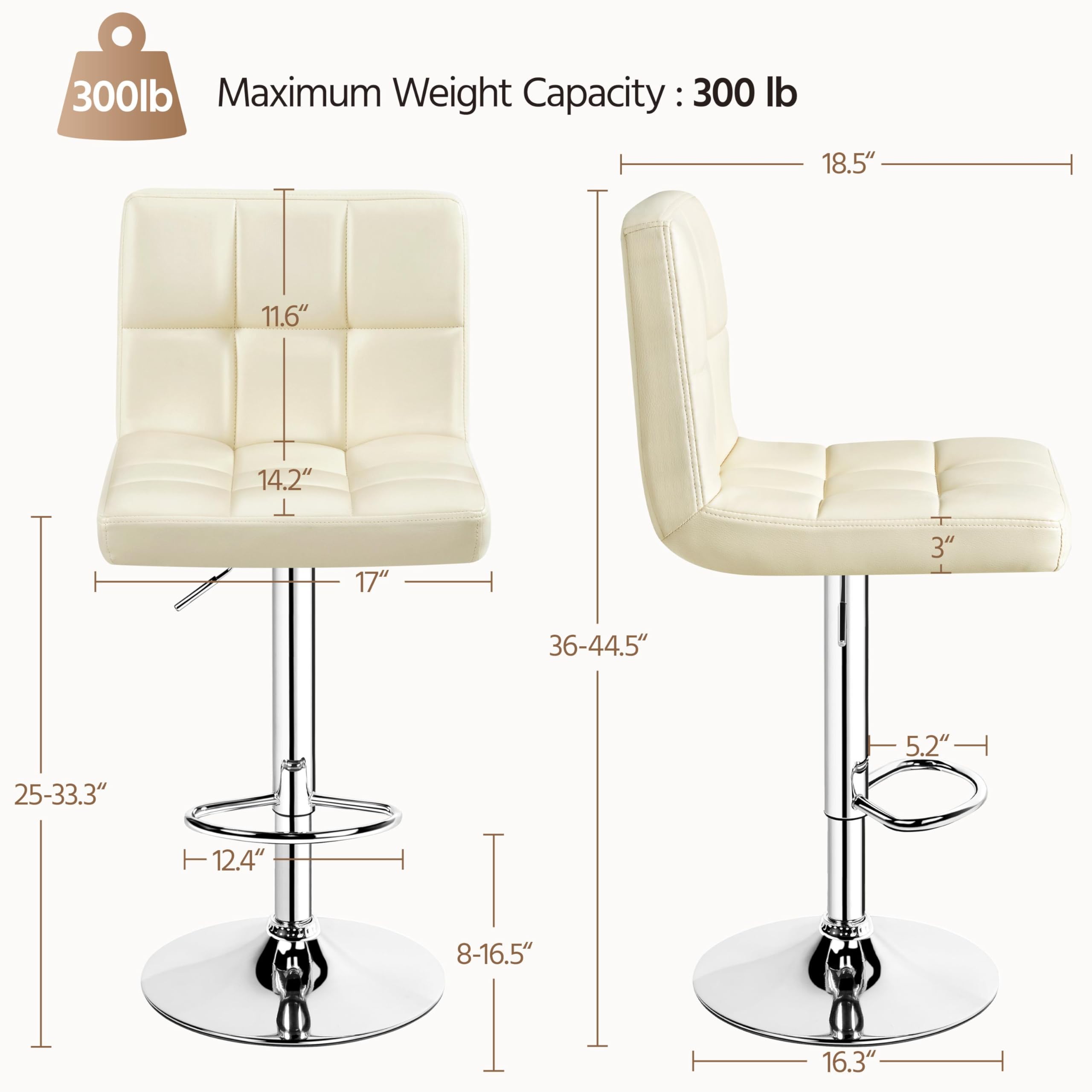 Yaheetech Bar Stools Set Of 2, Adjustable PU Leather Swivel Barstools ...