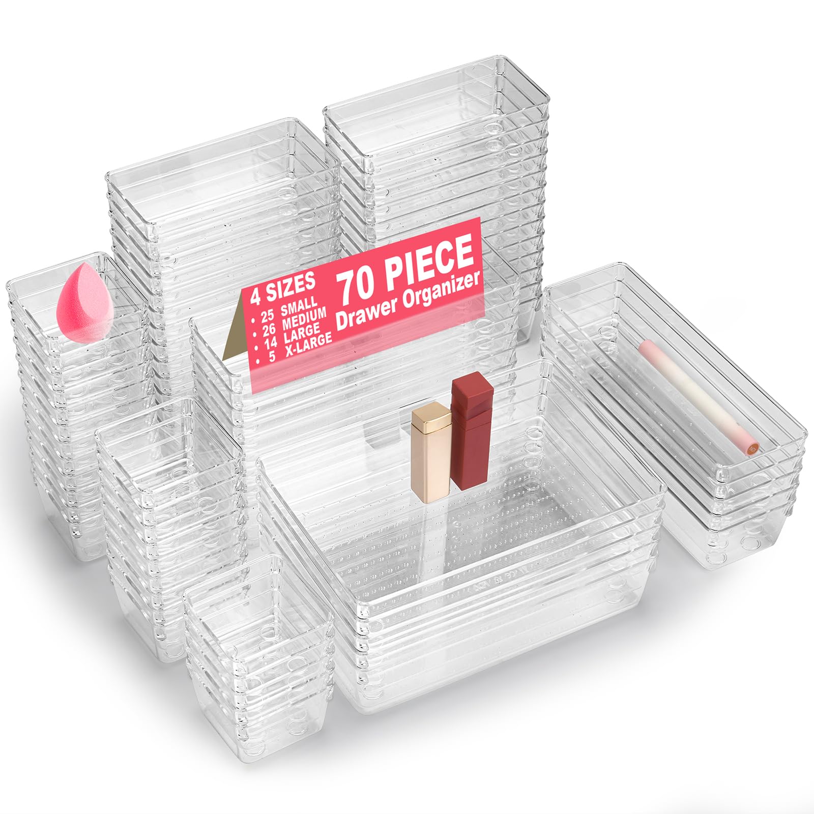 Comfylichi 70 Piece Clear Plastic Drawer Organizer Set, 4 Sizes of ...
