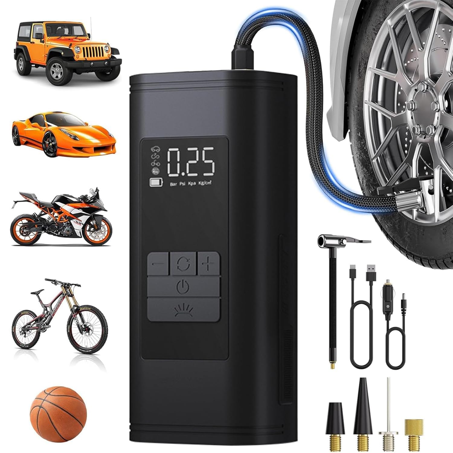 JASIDA 電動空気入れ インテリジェントな自動停止 -25°〜60°の低温でも正常に使用できます 空気入れ バイク用 エアポンプ電動 充電式usb 電源コードによる2つの電源供給モード ...