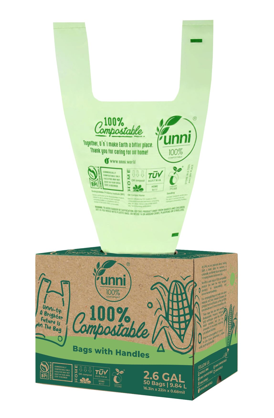 Mua UNNI Compostable Bags with Handles, 2.6 Gallon, 9.84 Liter, 50 ...