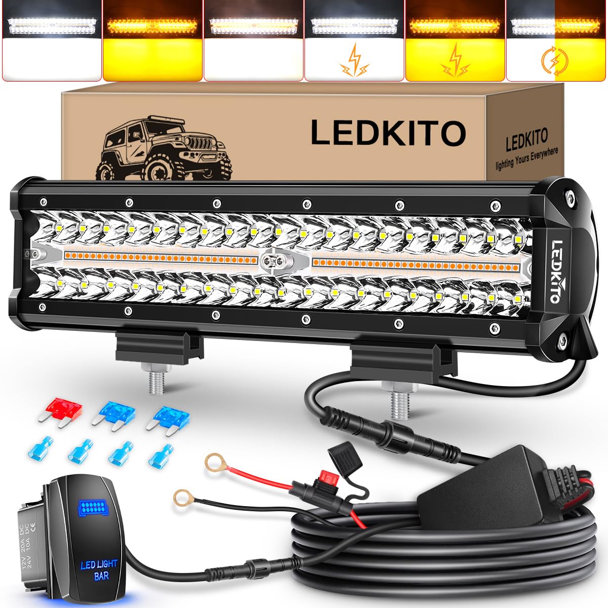 LEDKITO 12 inch LED Light Bar Kit Amber White 6 Modes Strobe Off Road ...