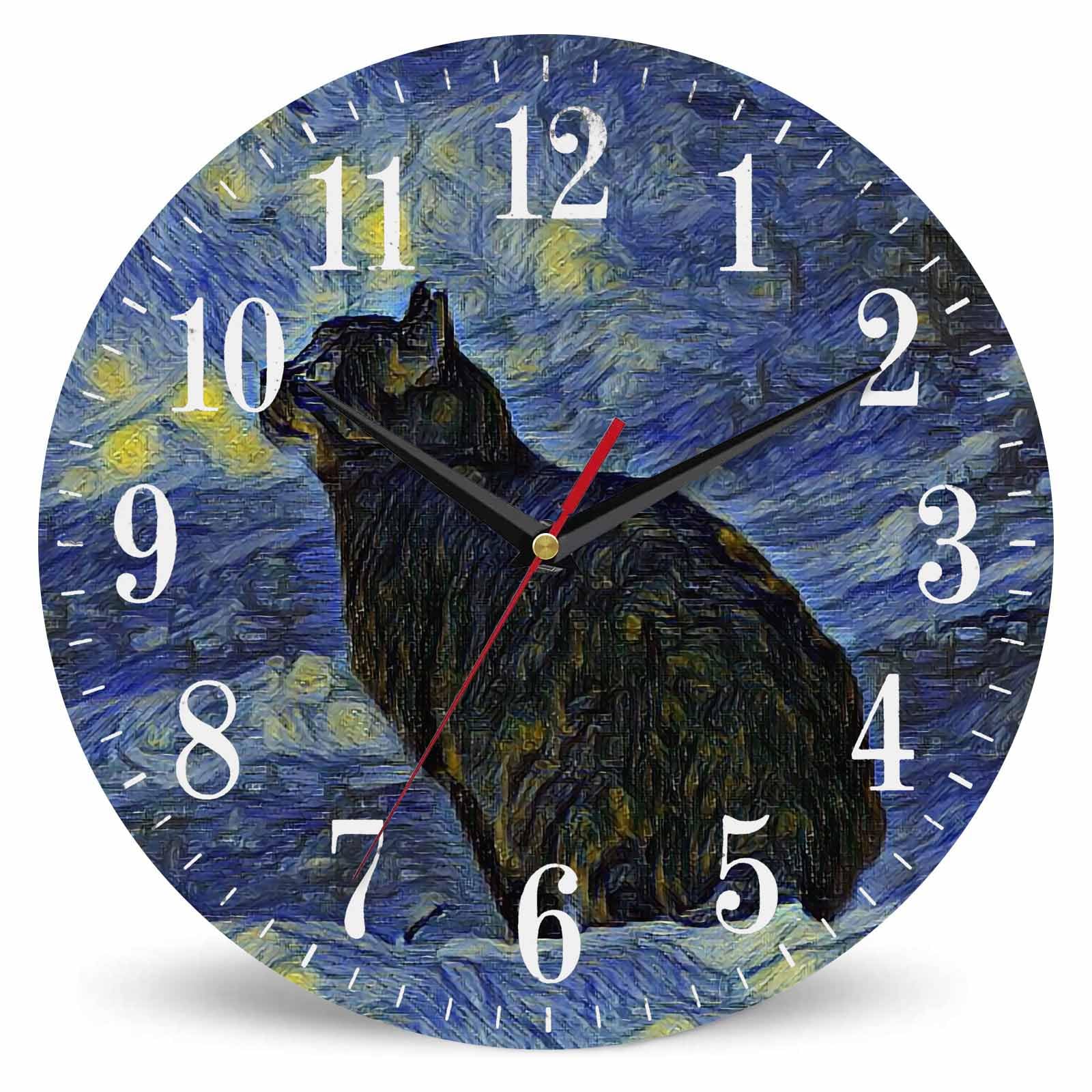 Mxocom Van Gogh Wall Clock Oil Painting Galaxy Cat 10 Inch Silent Non ...