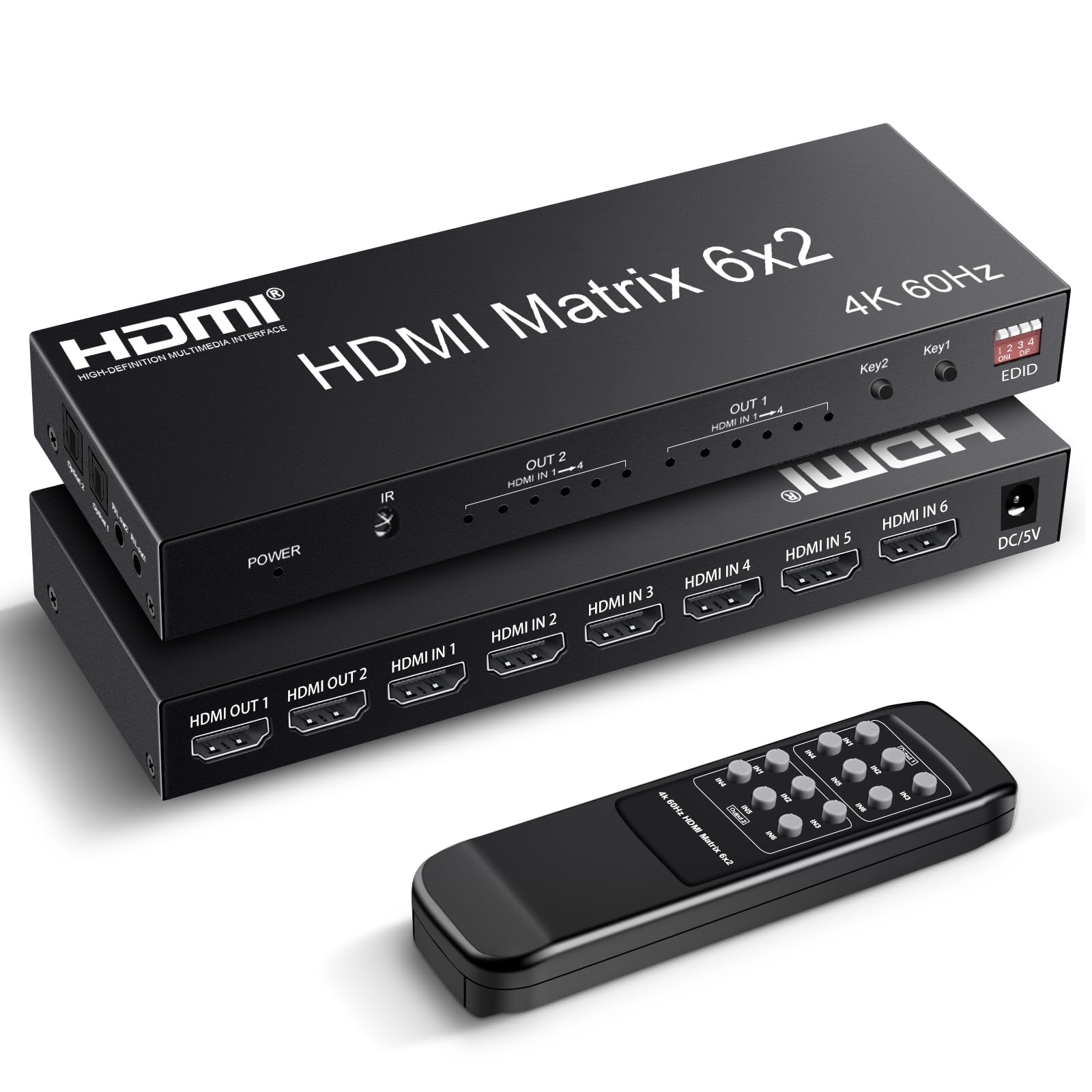 HDMI Matrix Switch 6 in 2 Out, 4K@60Hz HDMI Switch with IR Remote ...