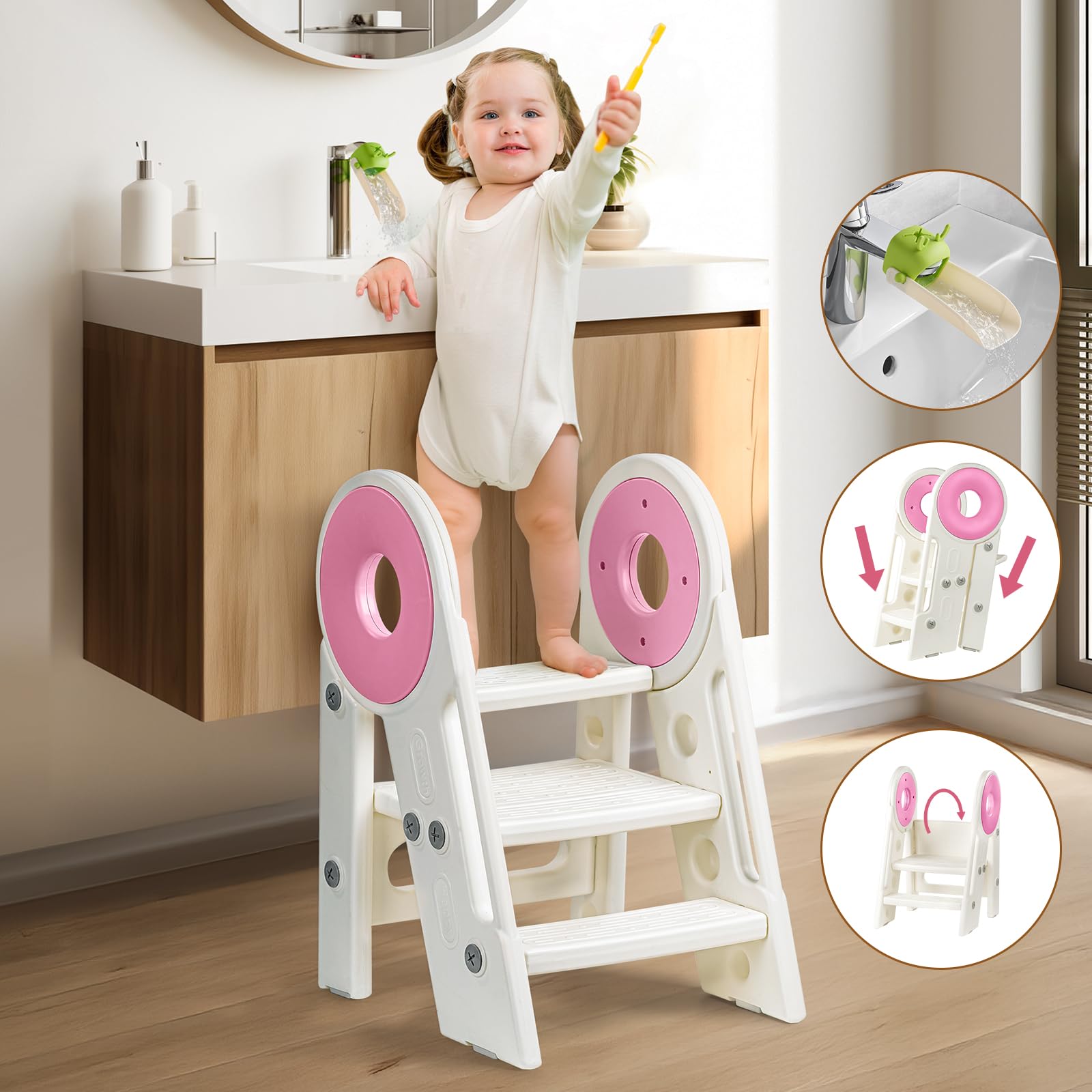 Toddler Step Stool, 2-3 Step Foldable Kids Step Stool for Bathroom Sink ...