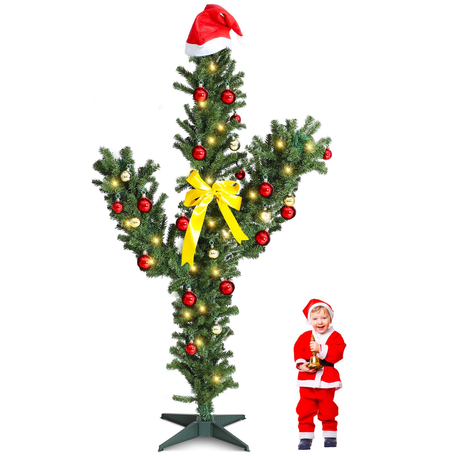 Syhood Pre Artificial Cactus Christmas Tree with LED Lights String ...