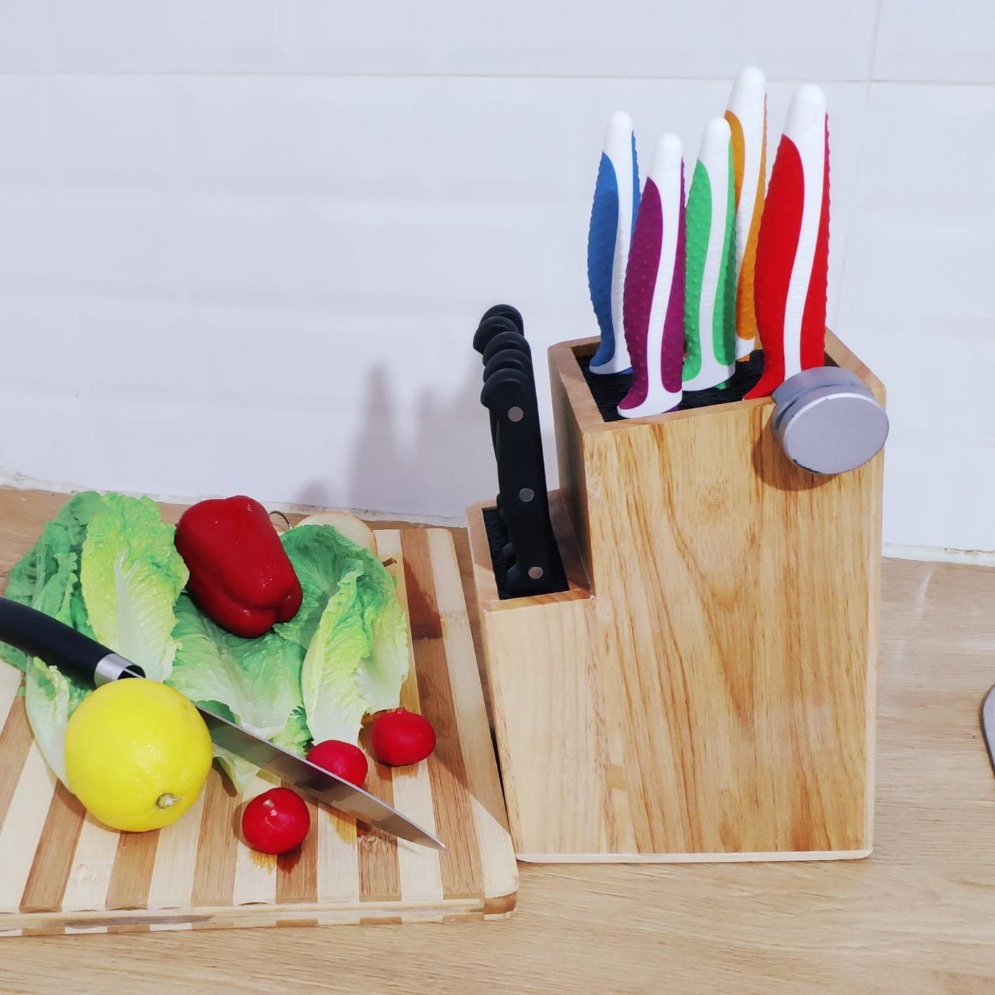 Bamboo Universal Knife Block - Knife Holder with 2 Built-In Knife ...