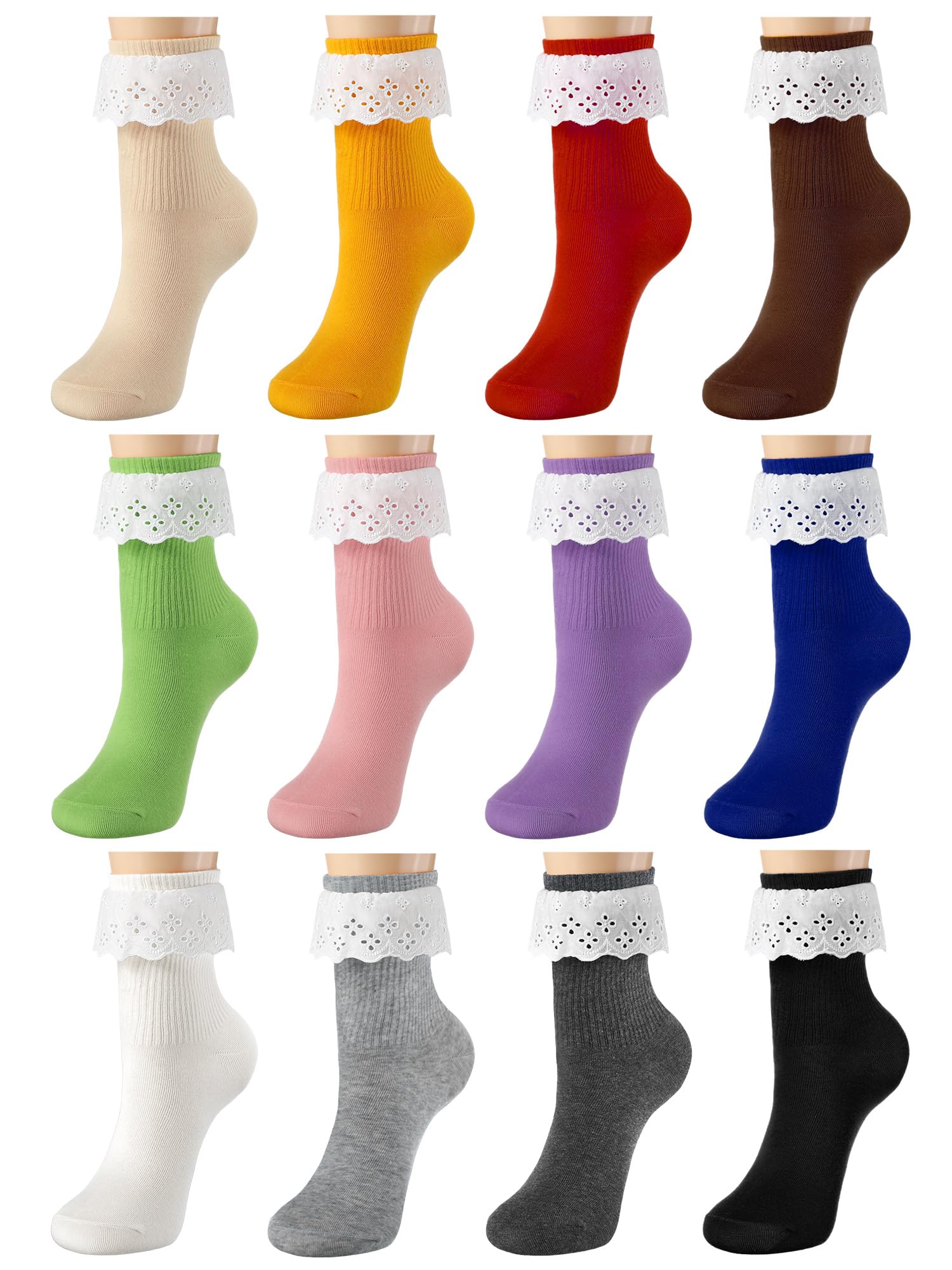 Geyoga 12 Pair Women Ruffle Cotton Frilly Ankle Socks Bulk Colorful ...